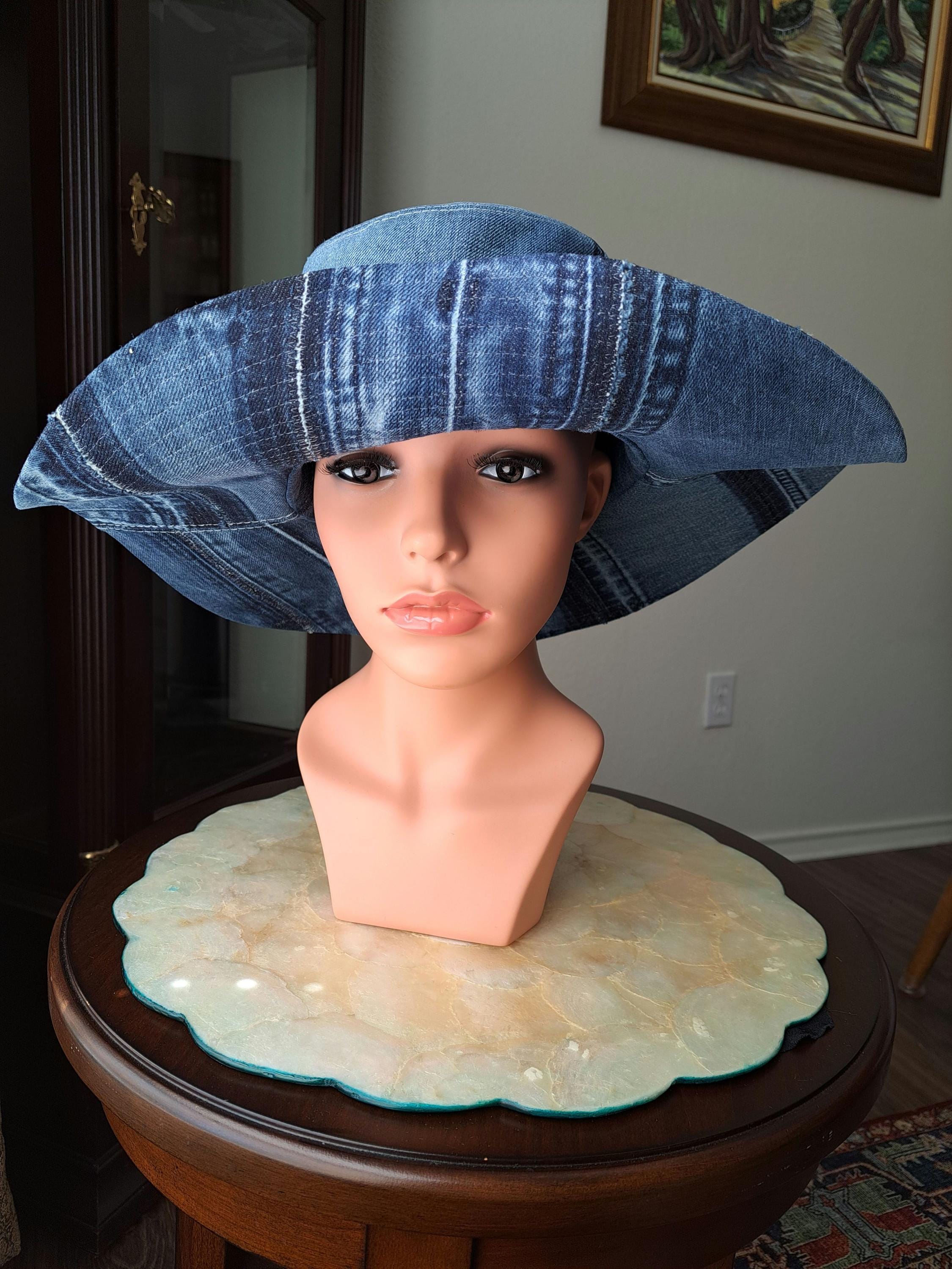 Upcycled Denim Bucket Sun Hat With Patchwork ,distressed Headband and ...