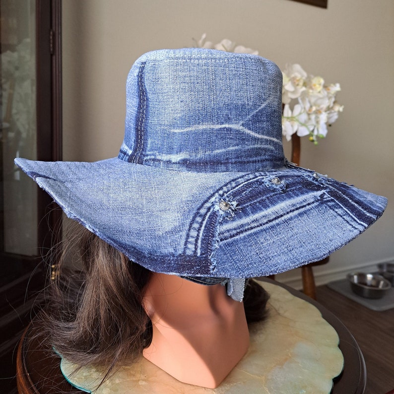 Upcycled Denim Sun Hat With Unique Patchwork, Rivets and Button ...
