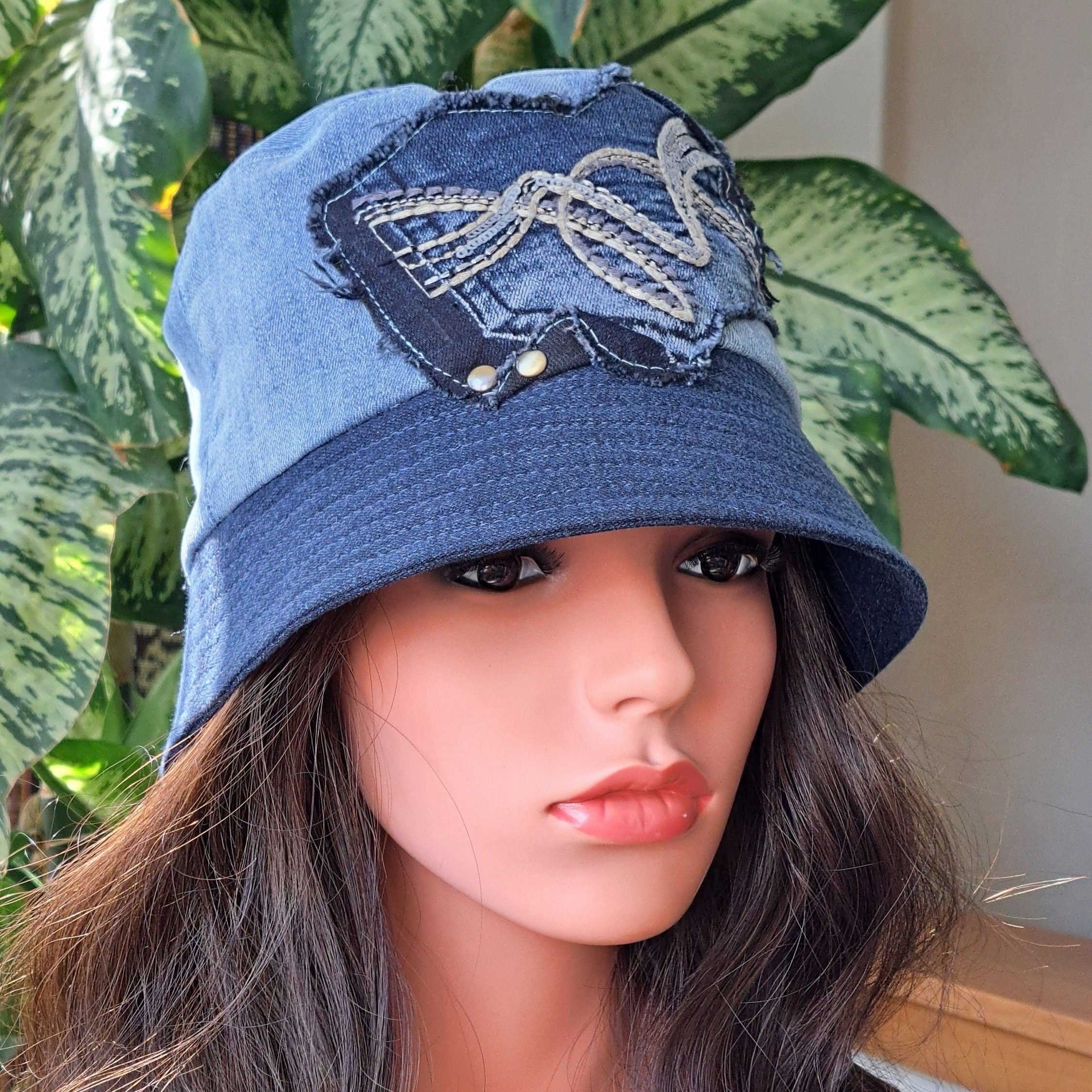 Upcycled Denim Hat With Short Brim and Embroidery Patch/ Perfect Gift ...