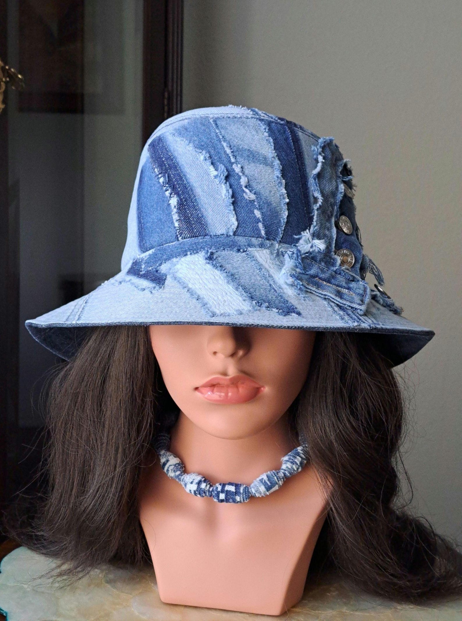 Upcycled Denim Hat With Patchwork and Silver Buttons /perfect Gift/see ...