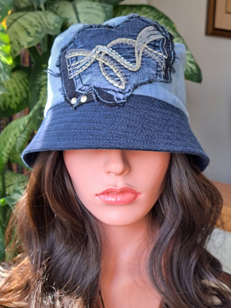 Upcycled Denim Hat With Short Brim and Embroidery Patch/ Perfect Gift ...