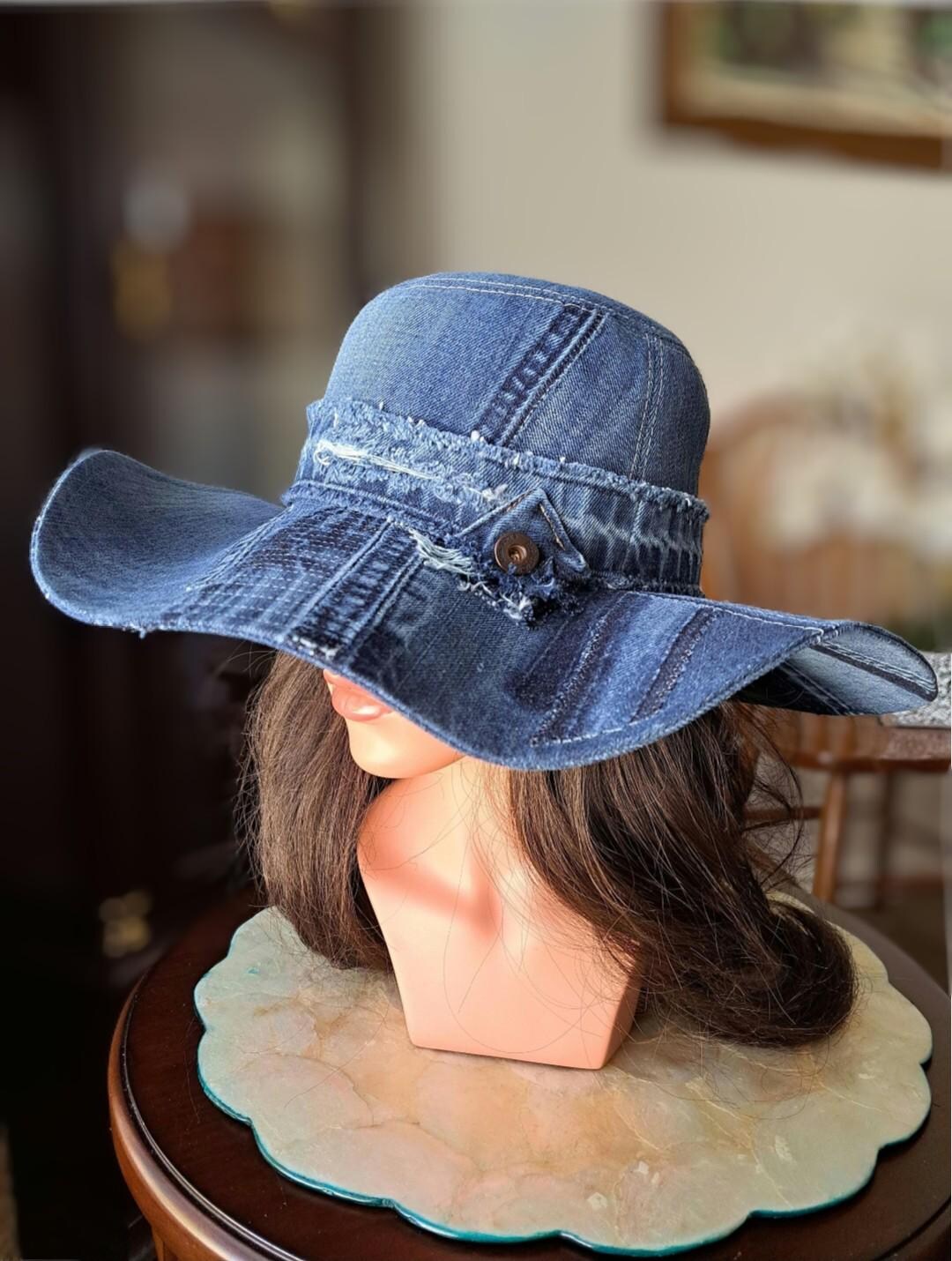 Upcycled Denim Bucket Sun Hat With Patchwork ,distressed Headband and ...