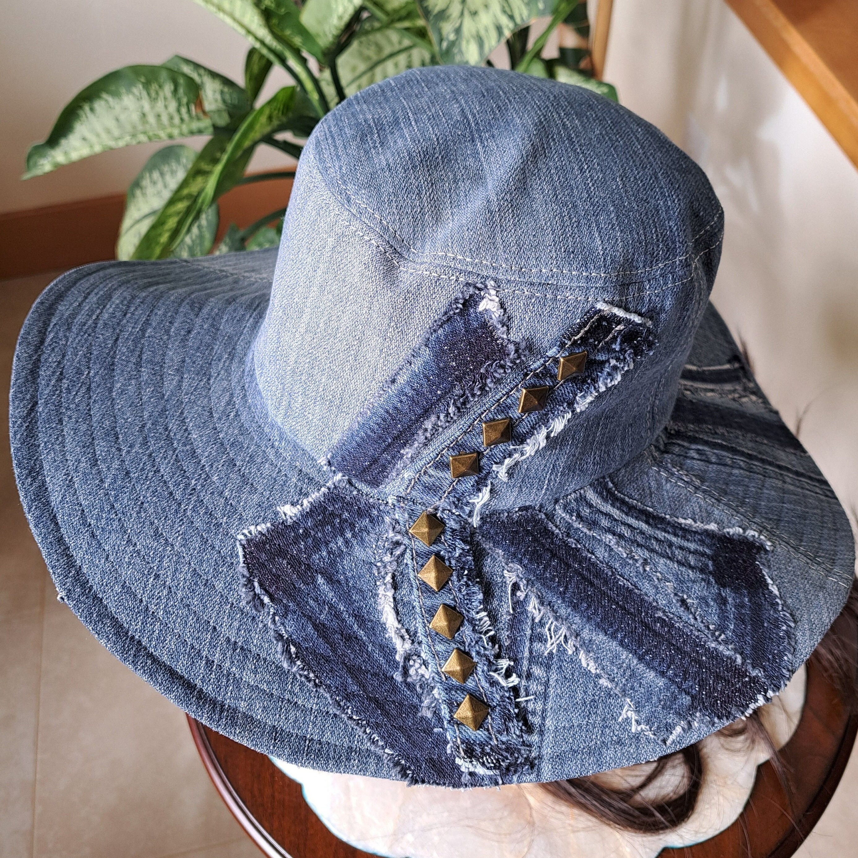 Denim Sun Hat With Unique Patchwork Embroidery and Rivets - Etsy