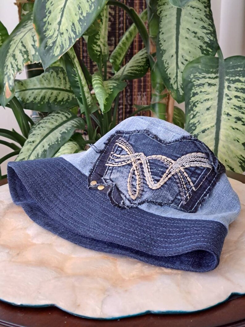 Upcycled Denim Hat With Short Brim and Embroidery Patch/ Perfect Gift ...
