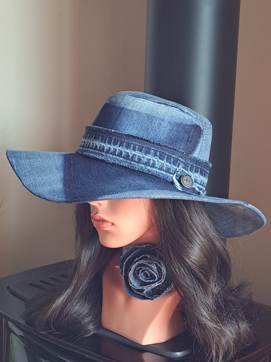 Upcycled Denim Hat With Distressed Headband and Silver Button/perfect ...