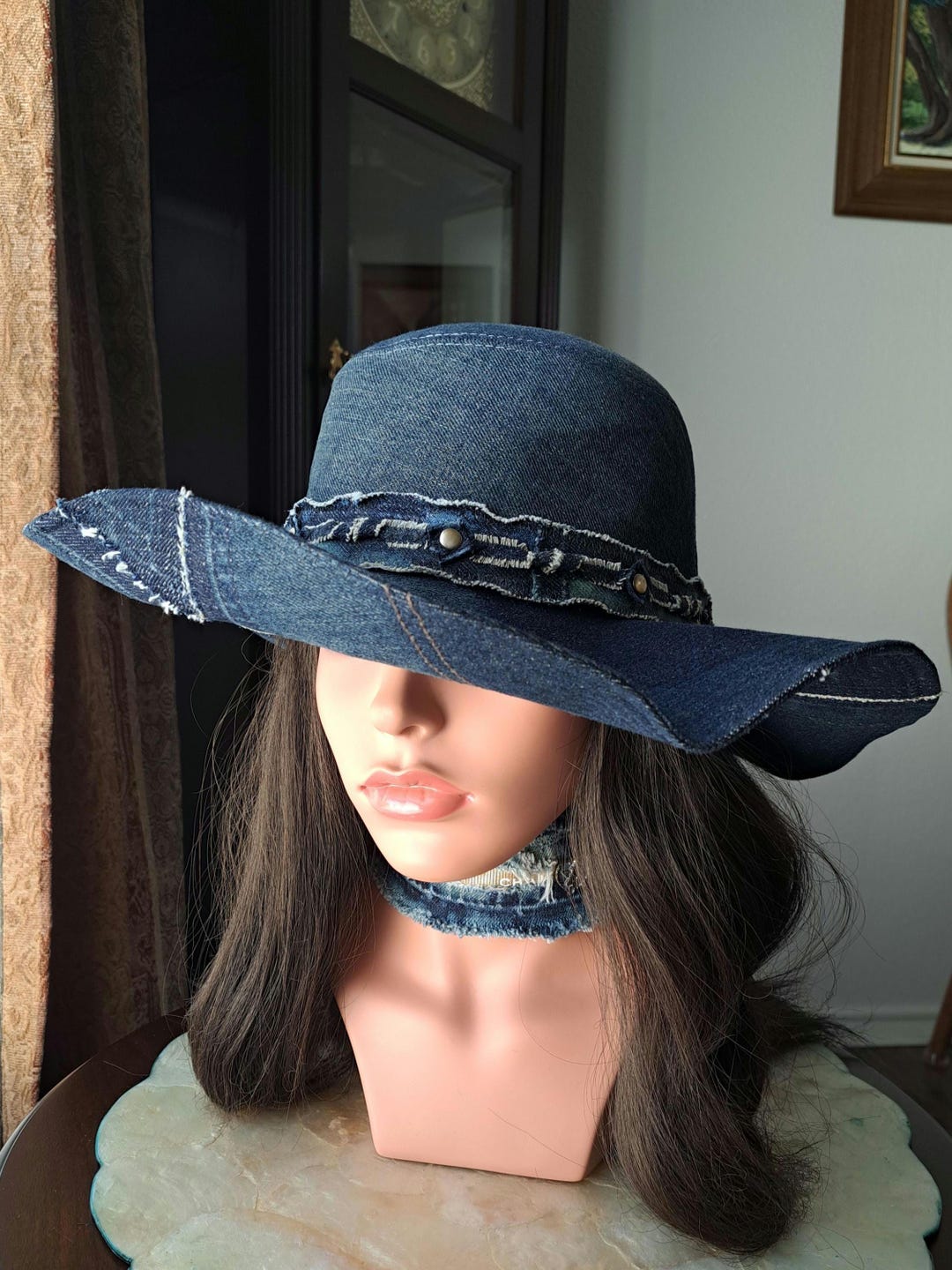 Upcycled Denim Hat With Patchwork ,distressed Headband and Golden ...
