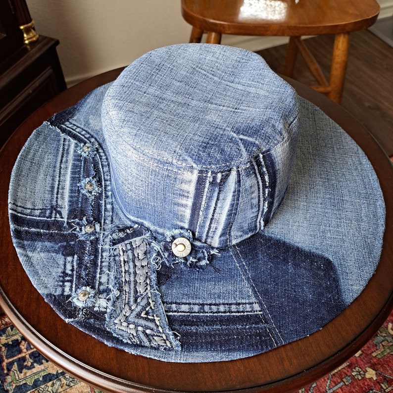 Upcycled Denim Sun Hat With Unique Patchwork, Rivets and Button ...