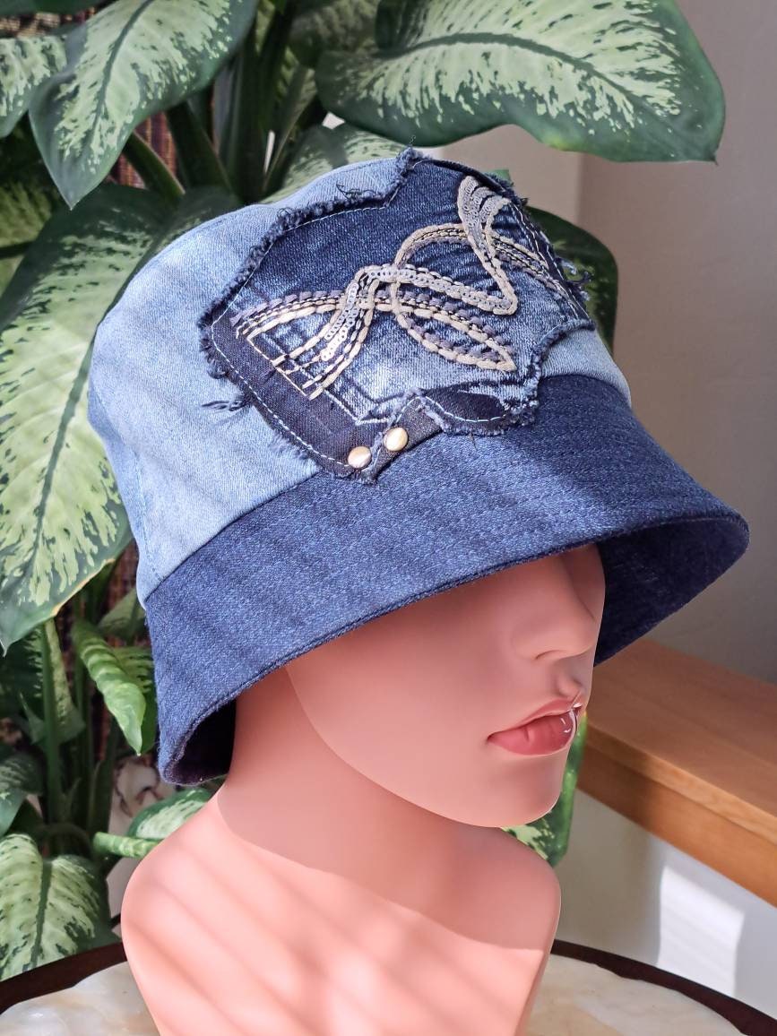 Upcycled Denim Hat With Short Brim and Embroidery Patch/ Perfect Gift ...