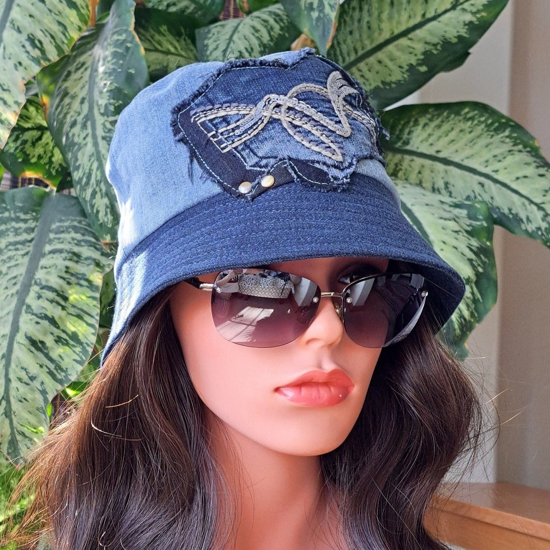 Upcycled Denim Hat With Short Brim and Embroidery Patch/ Perfect Gift ...