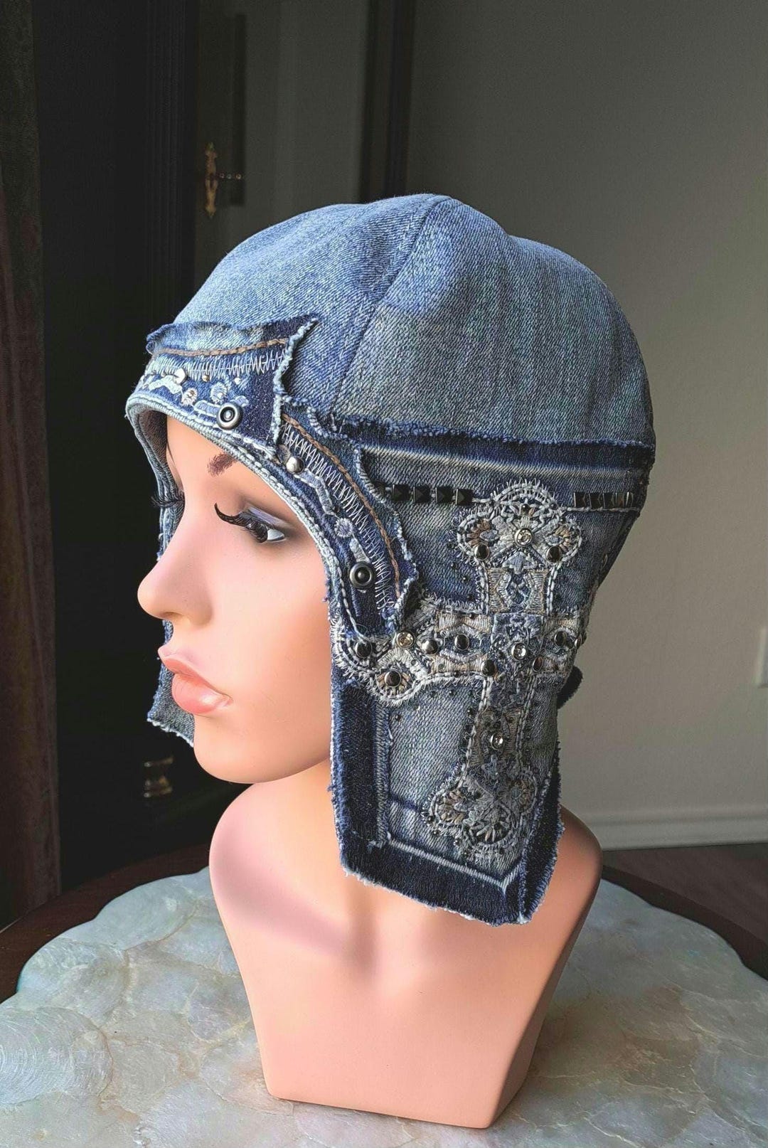 Upcycled Denim Cloche Hat With Embroidery and Crystals /perfect Gift ...