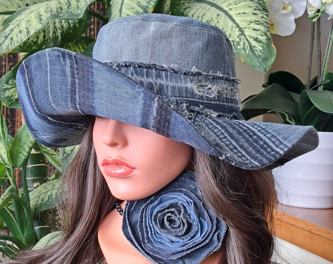 Upcycled Denim Hat With Distressed Band and Rivets/ Perfect Gift/see ...