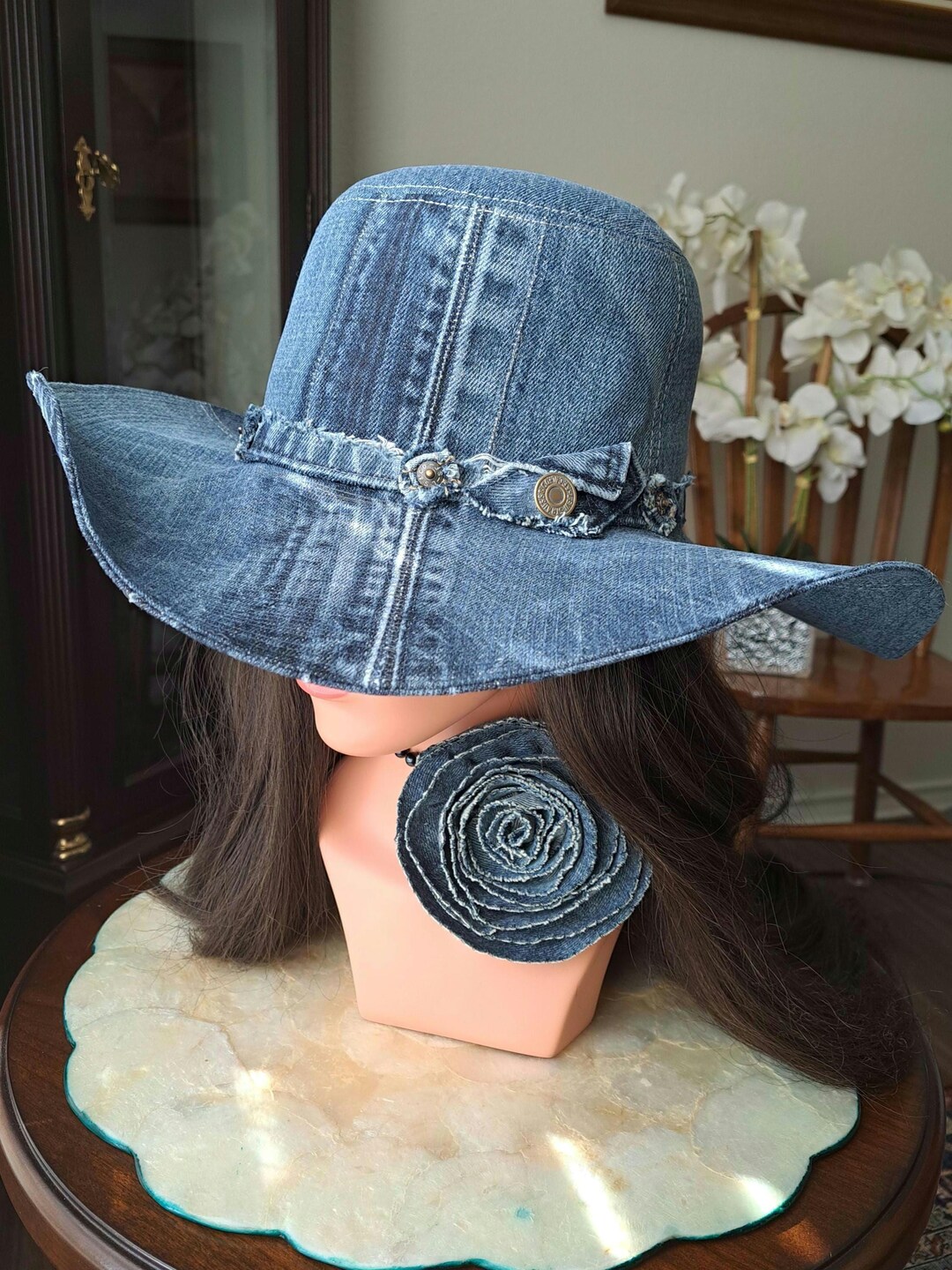 Upcycled 22"/s Denim Hat With Patchwork ,distressed Headband and Golden ...