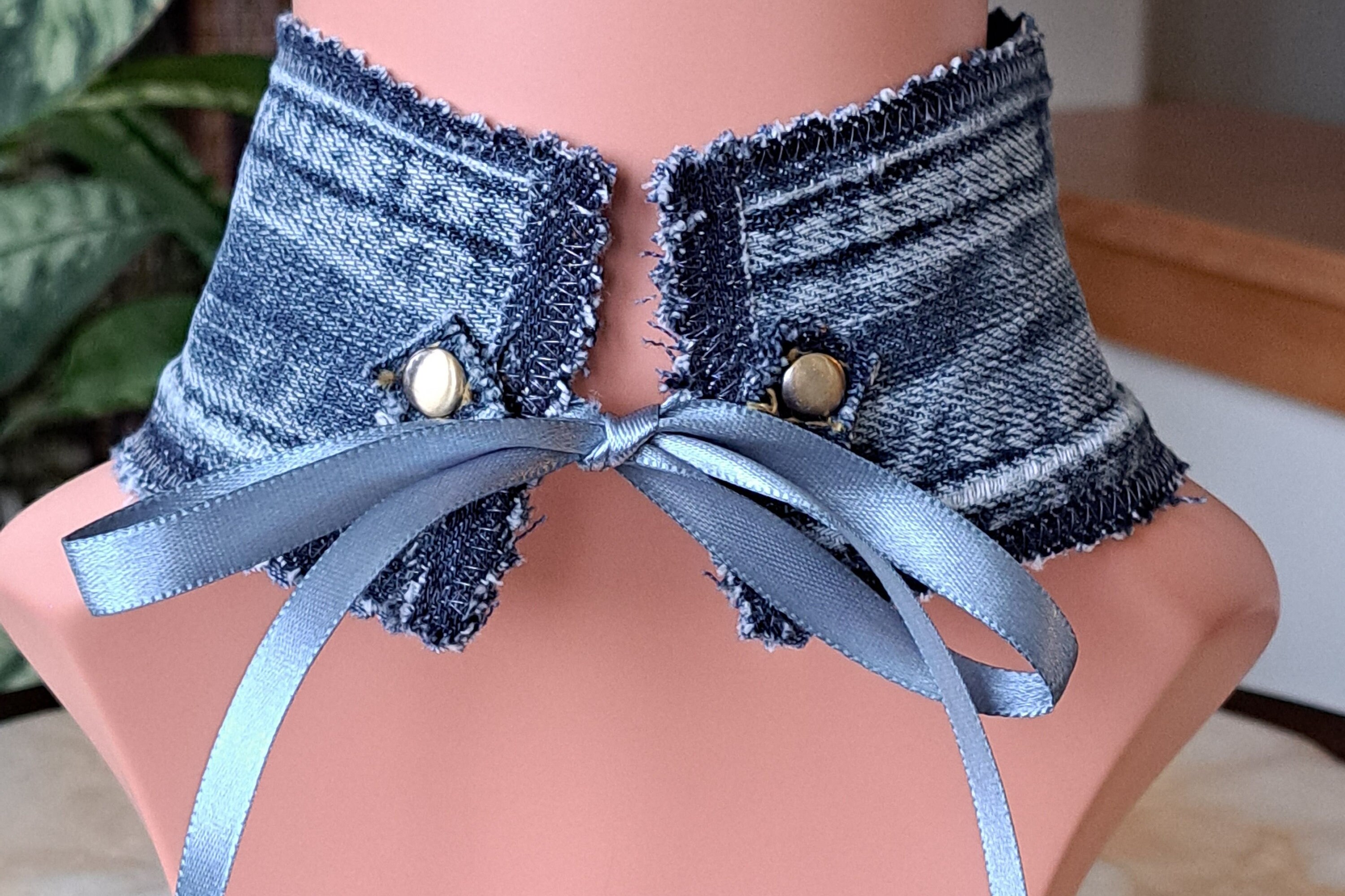 Gray Denim Choker Necklace With Belt Loops and Rose /denim Necklace/see ...