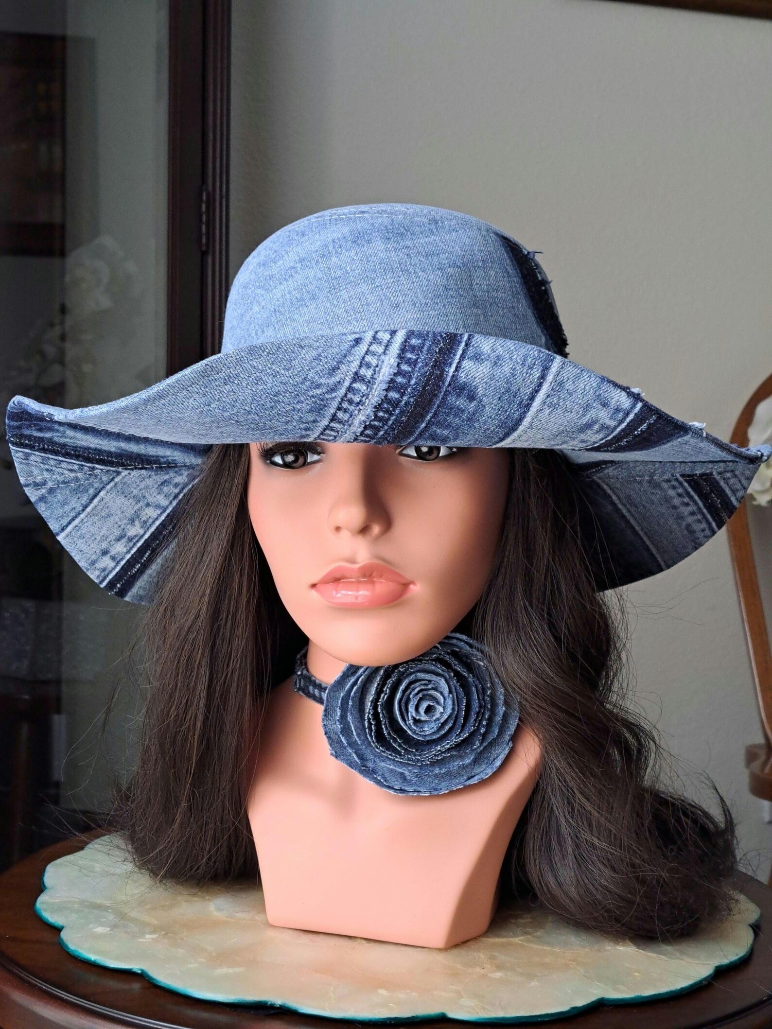 Upcycled Denim Bucket Sun Hat With Patchwork ,distressed Headband and ...