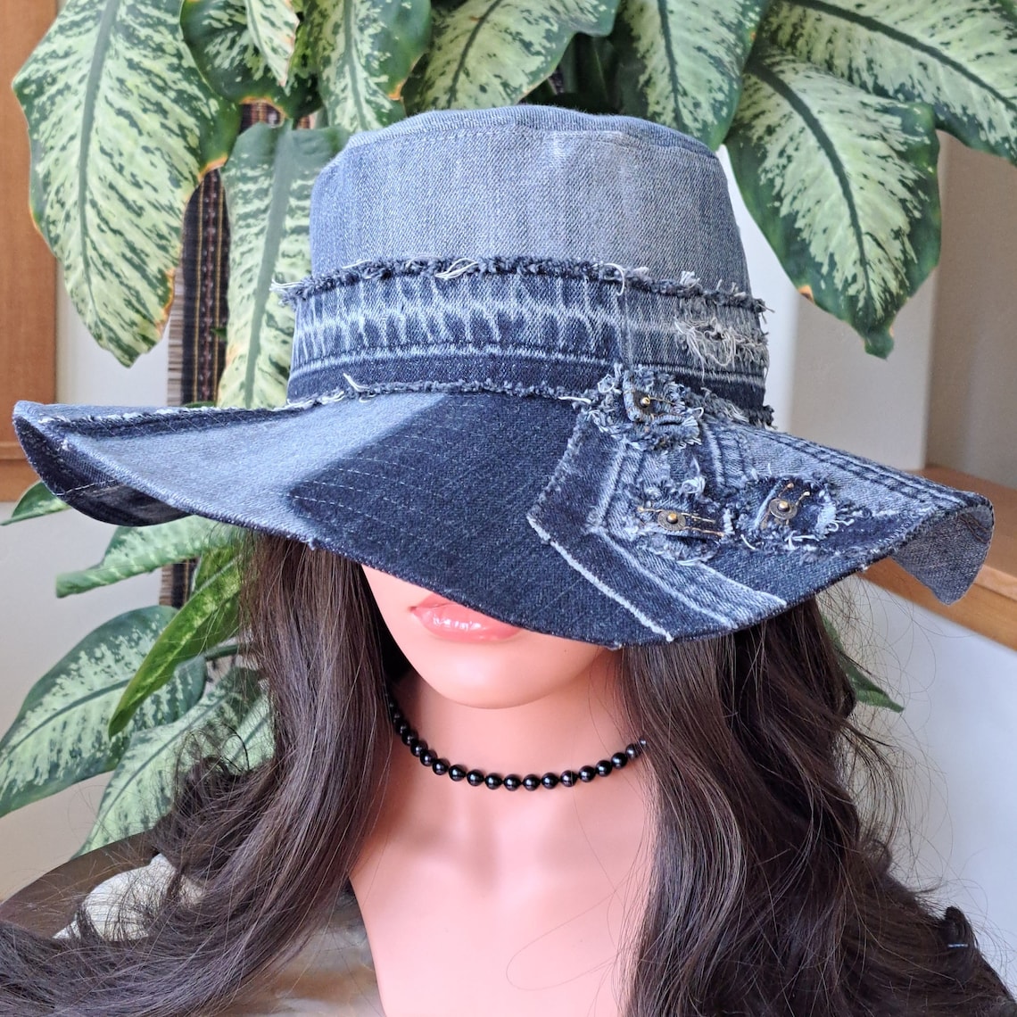 Upcycled Denim Hat With Distressed Band and Rivets/ Perfect - Etsy