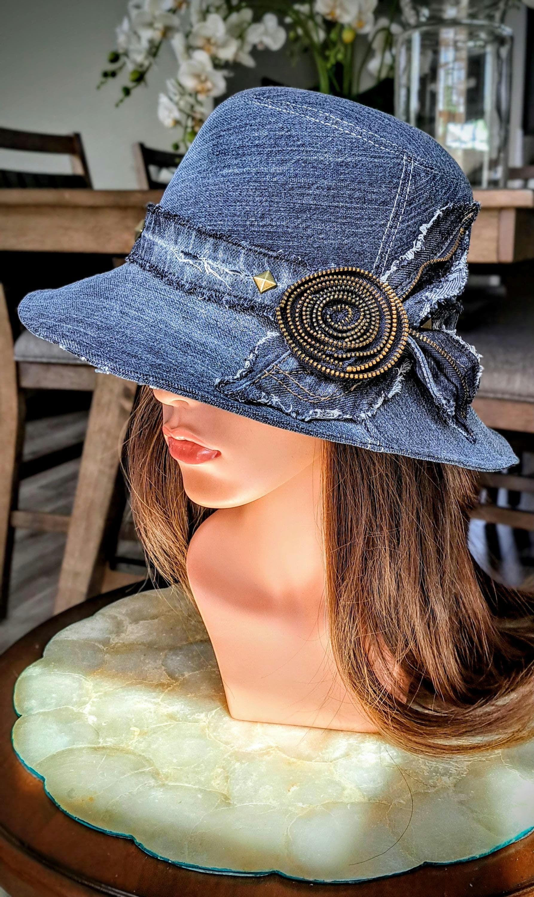 Upcycled Denim Hat With Rose Brooch: Bohemian Chic Style - Etsy