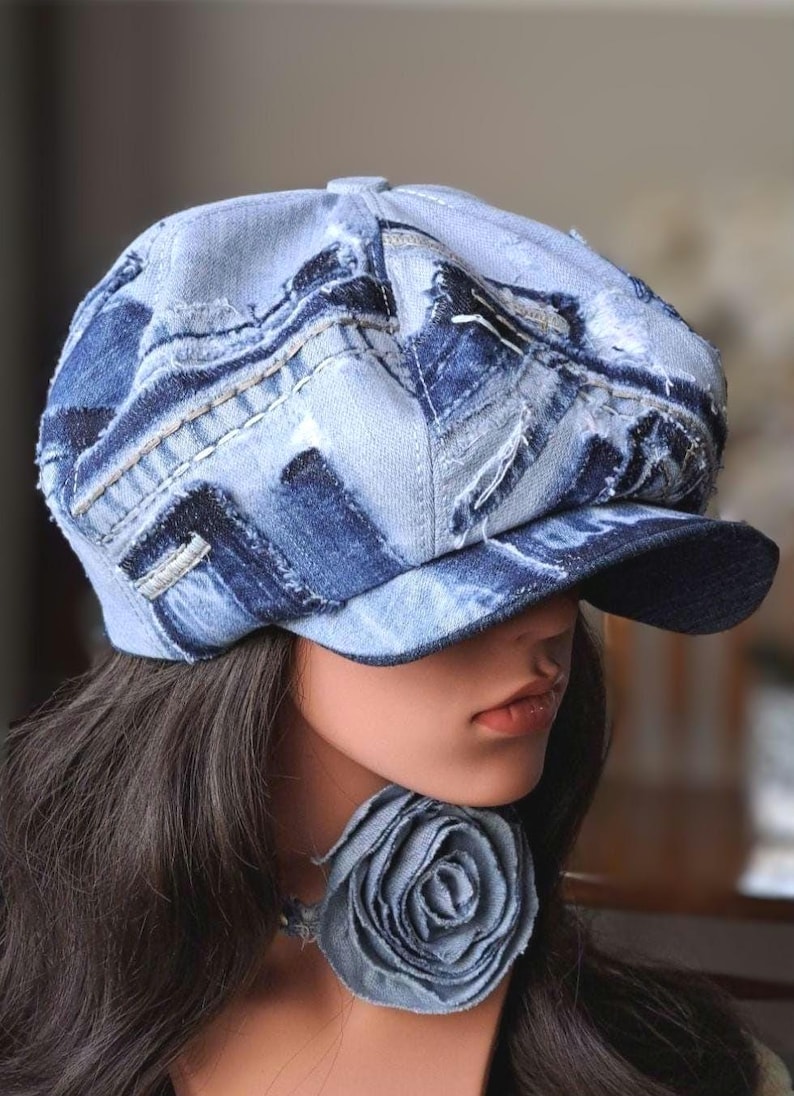 Upcycled Denim Newsboy Hat With Patchwork, Embroidery and Silver Rivets ...