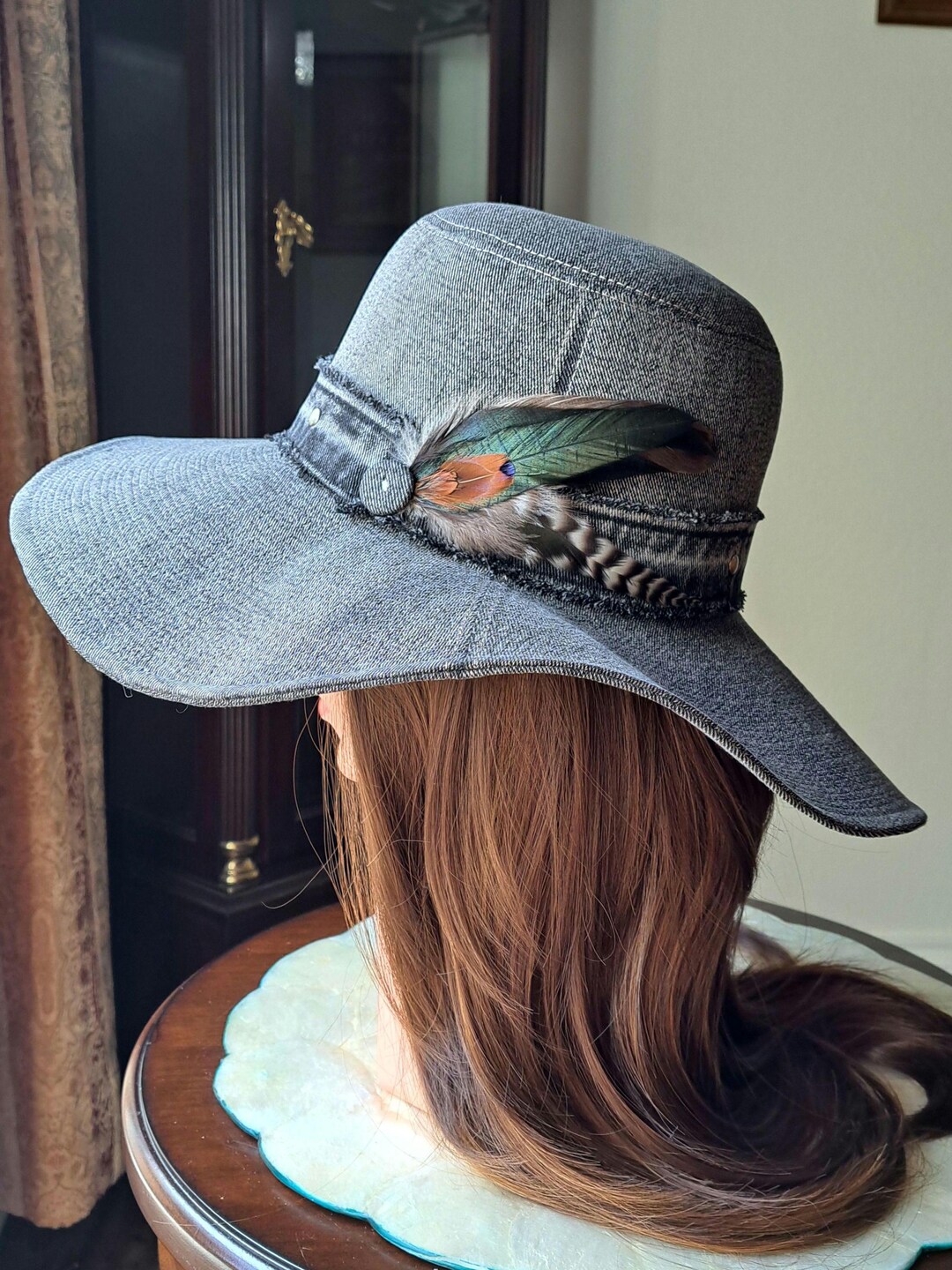 Upcycled Denim Hat With Distressed Headband,rivets and Feathers ...