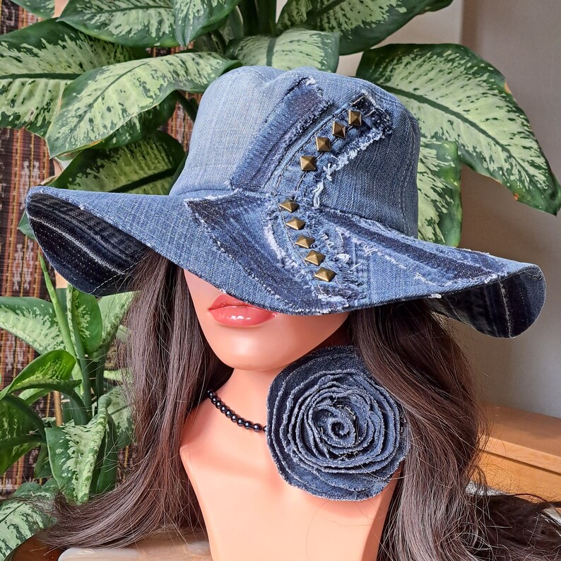 Denim Sun Hat With Unique Patchwork Embroidery and Rivets - Etsy