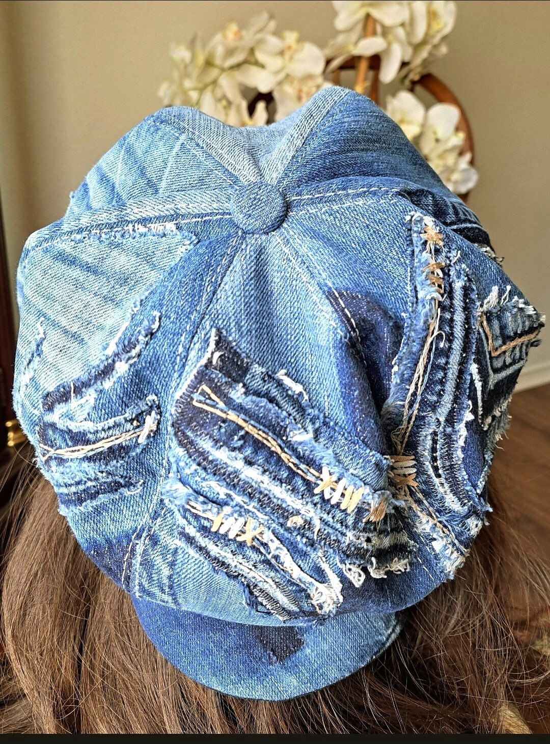 Upcycled Denim Newsboy Hat With Patchwork, Embroidery and Bronze Button ...