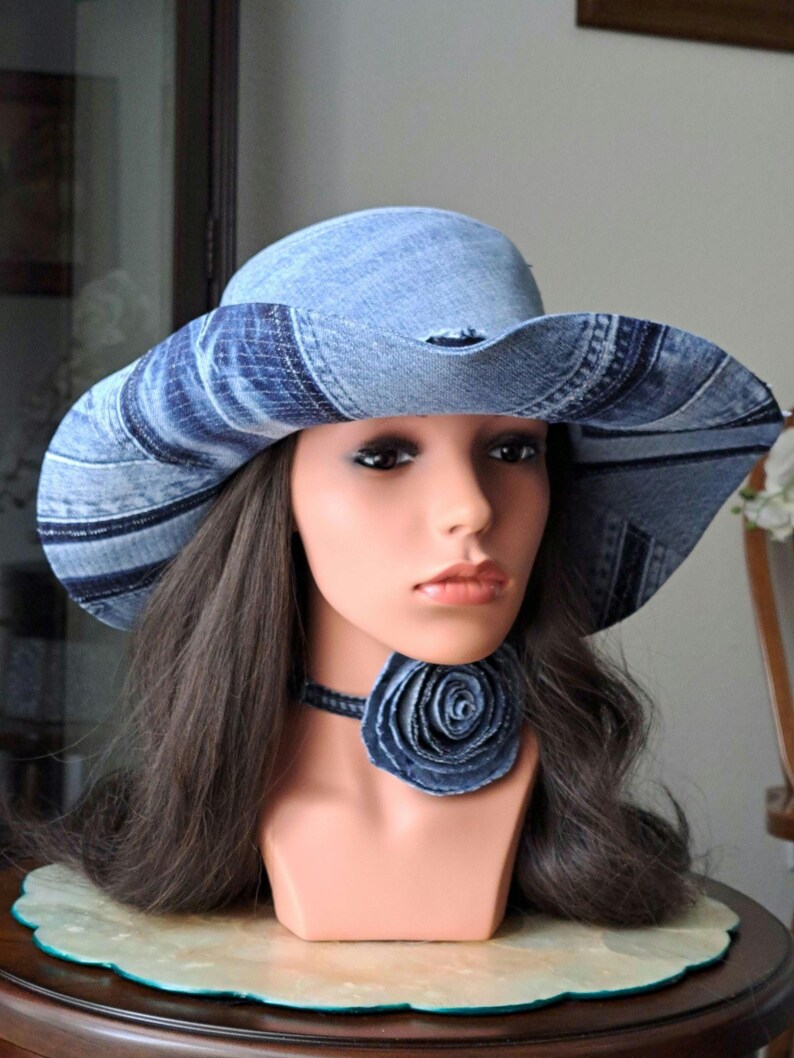 Upcycled Denim Bucket Sun Hat With Patchwork ,distressed Headband and ...