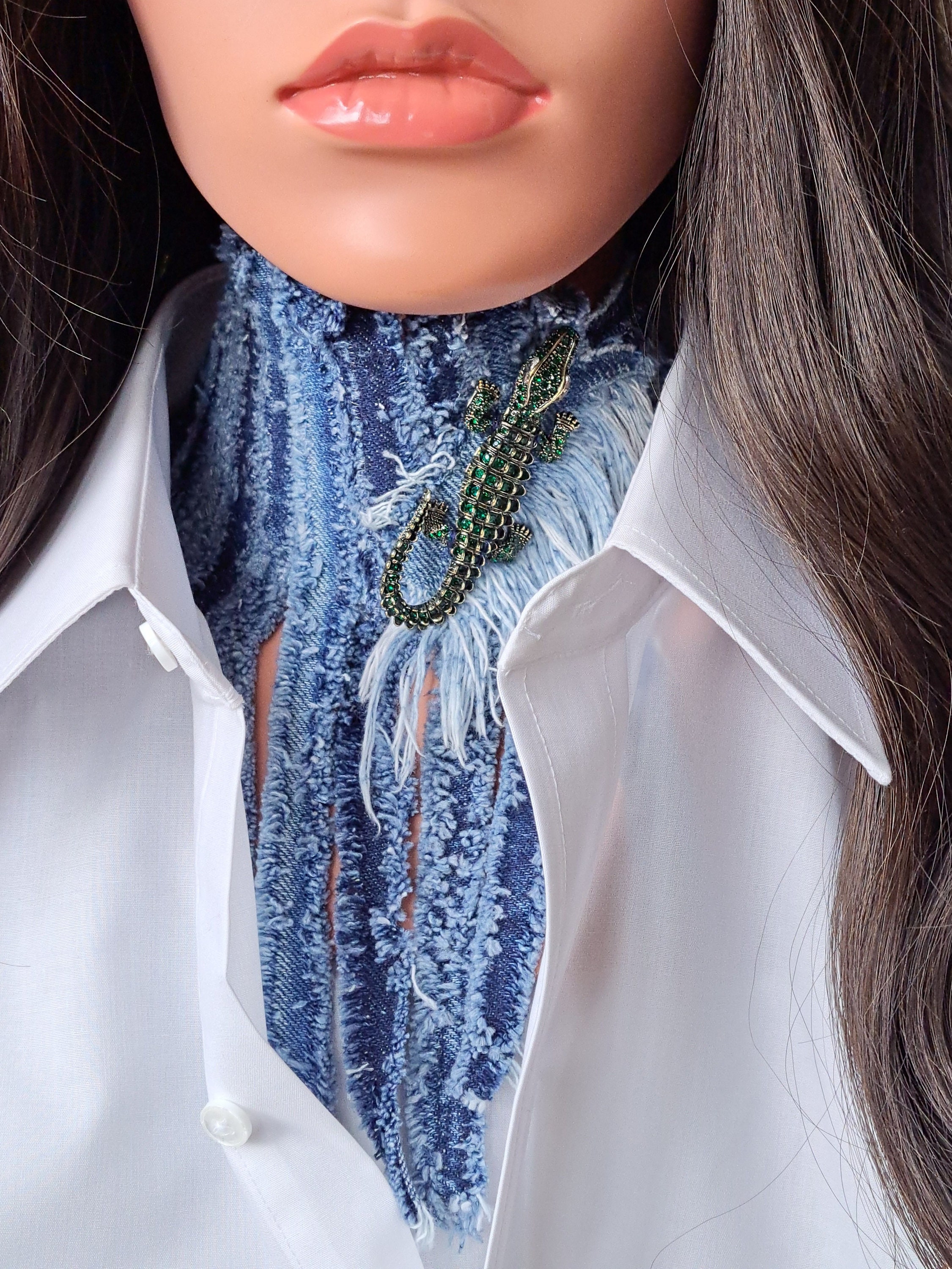 Upcycled Denim Choker: Fuzzy Fringe, Alligator Brooch, Boho Chic - Etsy