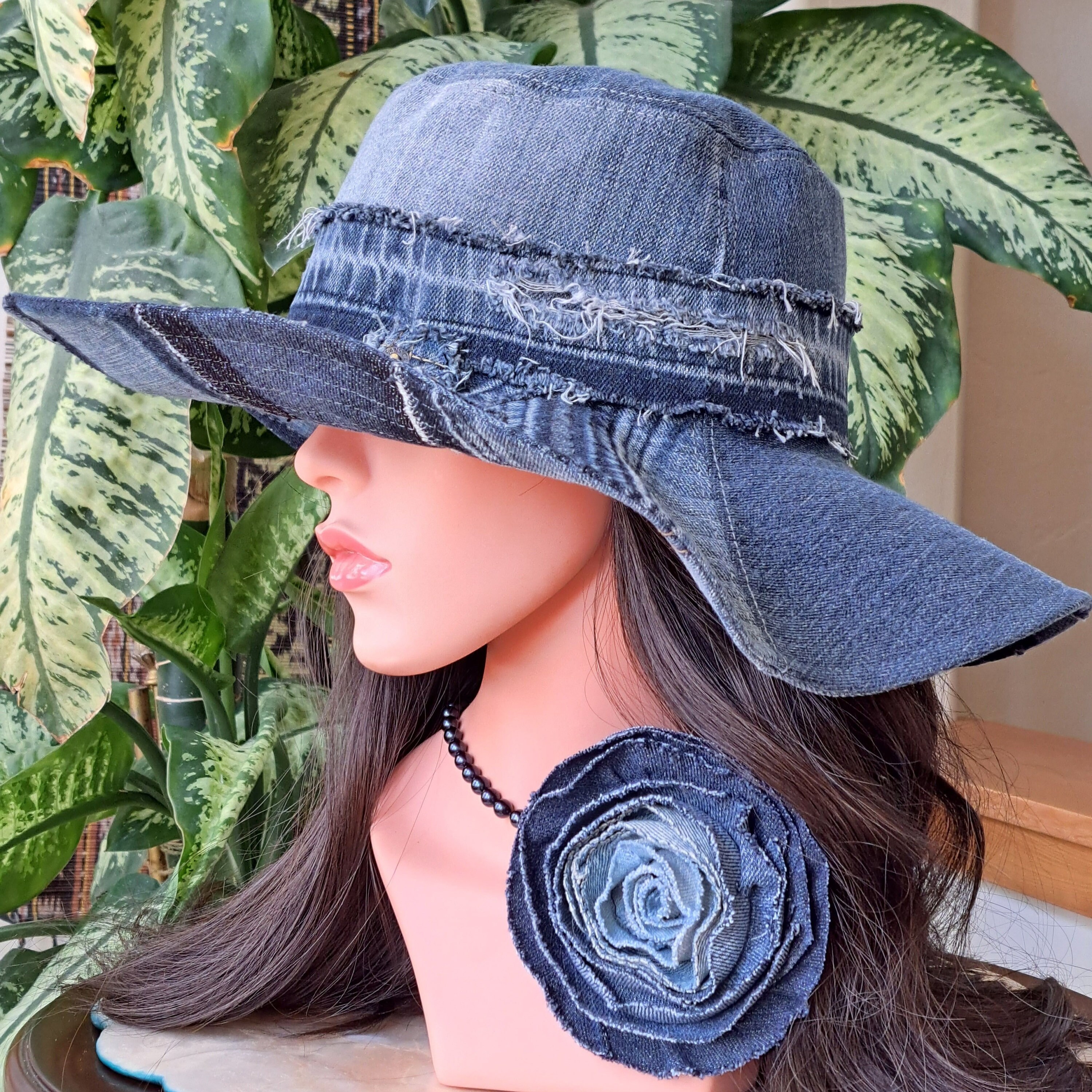 Upcycled Denim Hat With Distressed Band and Rivets/ Perfect - Etsy
