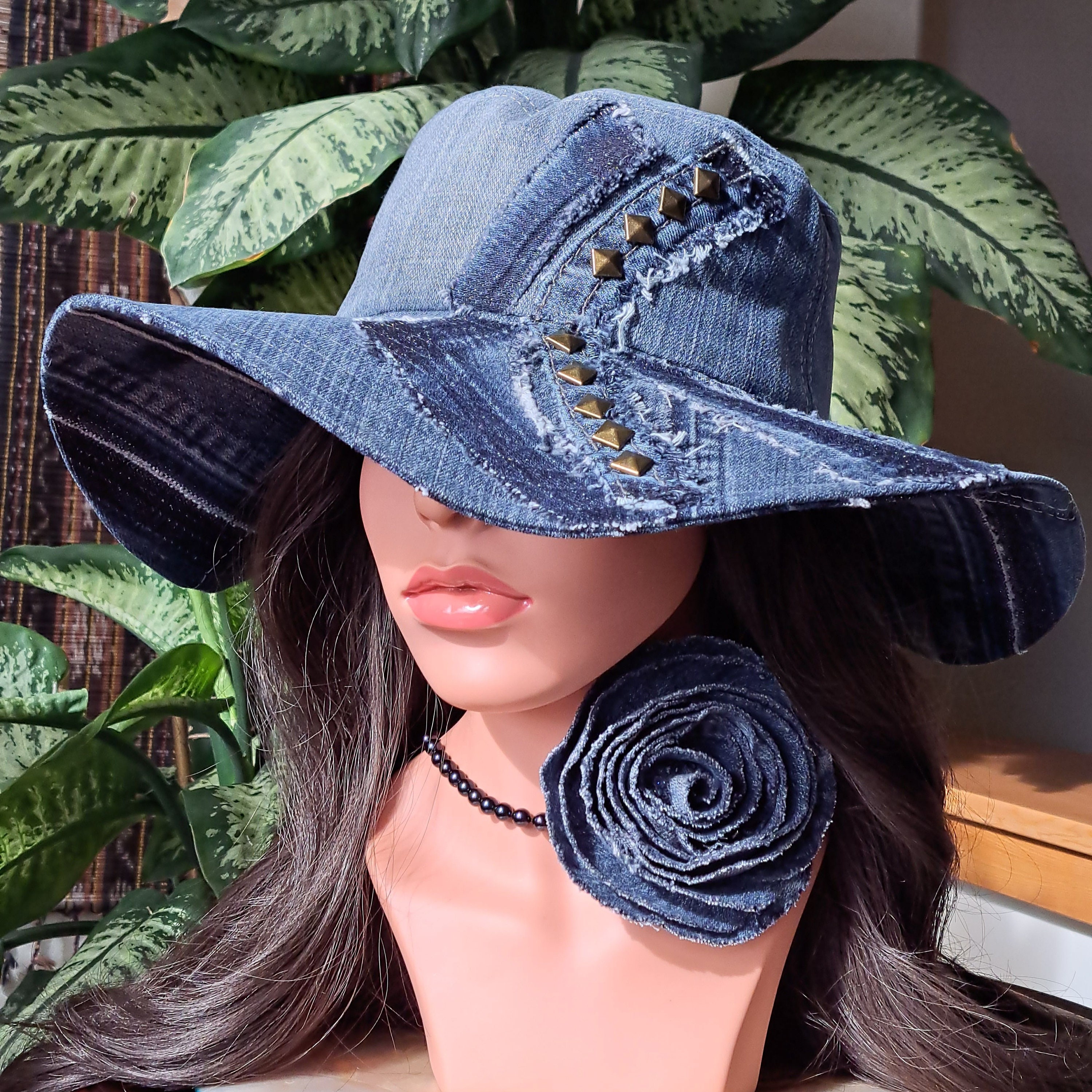 Denim Sun Hat With Unique Patchwork Embroidery and Rivets - Etsy