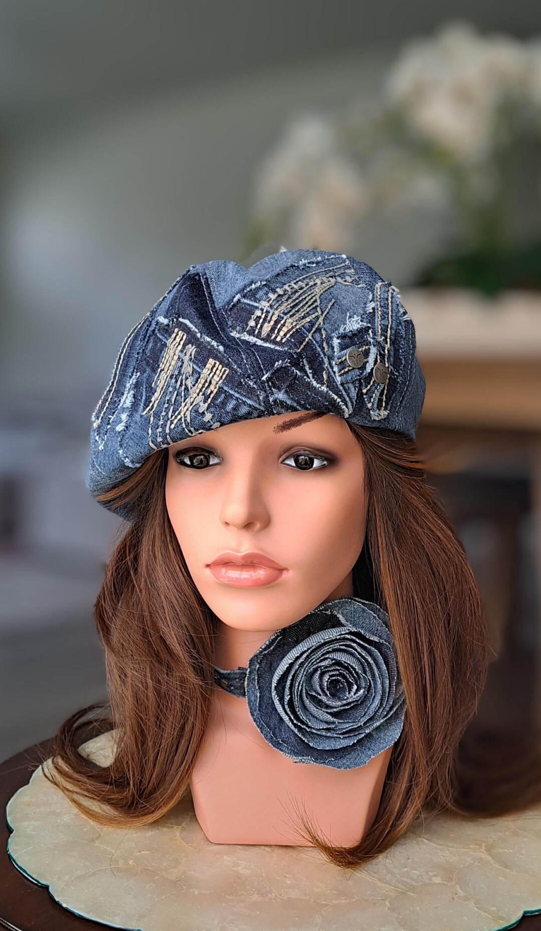 Upcycled Denim Beret With Patchwork and Embroidery /perfect Gift/see ...