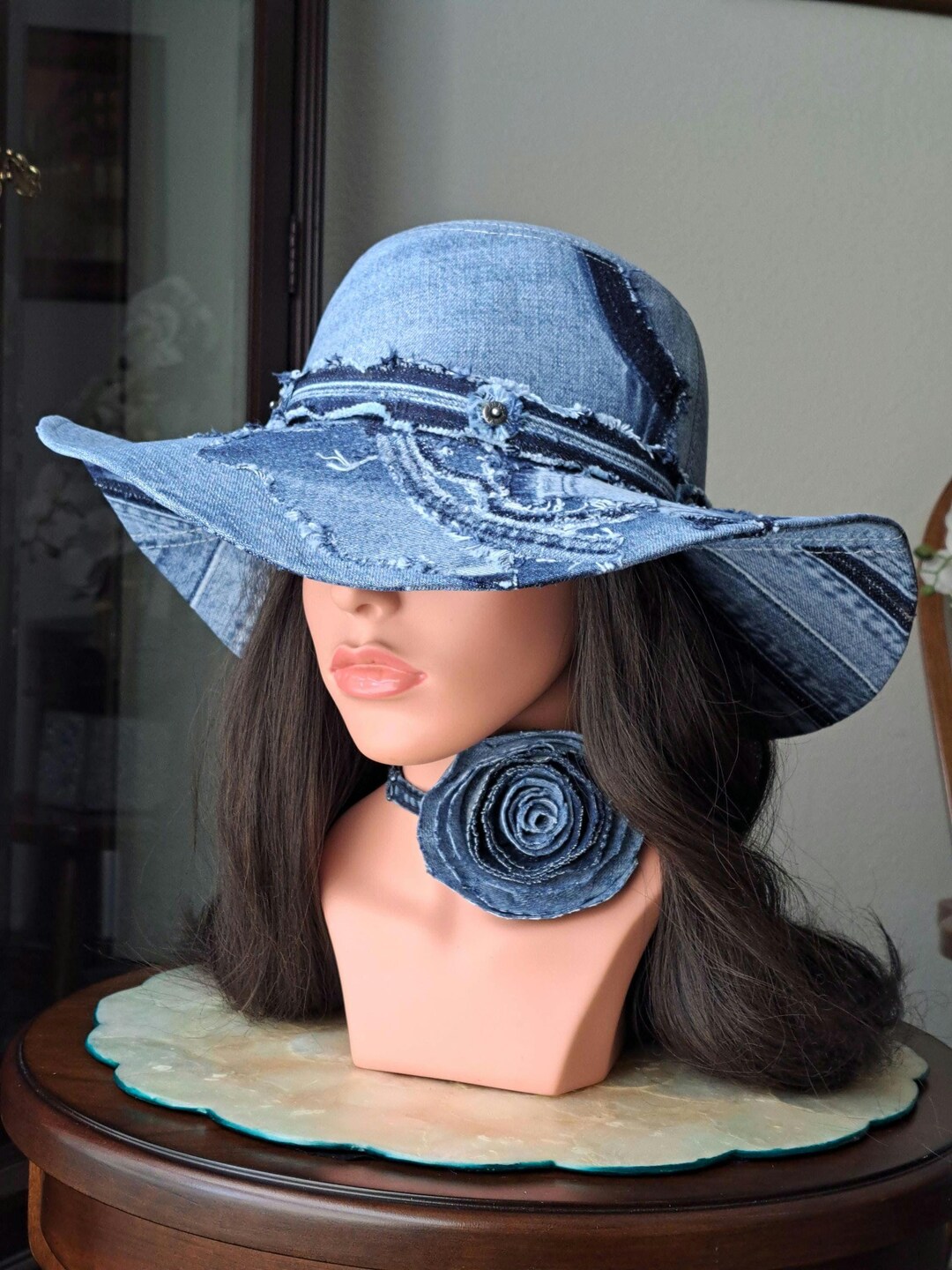 Upcycled Denim Bucket Sun Hat With Patchwork ,distressed Headband and ...