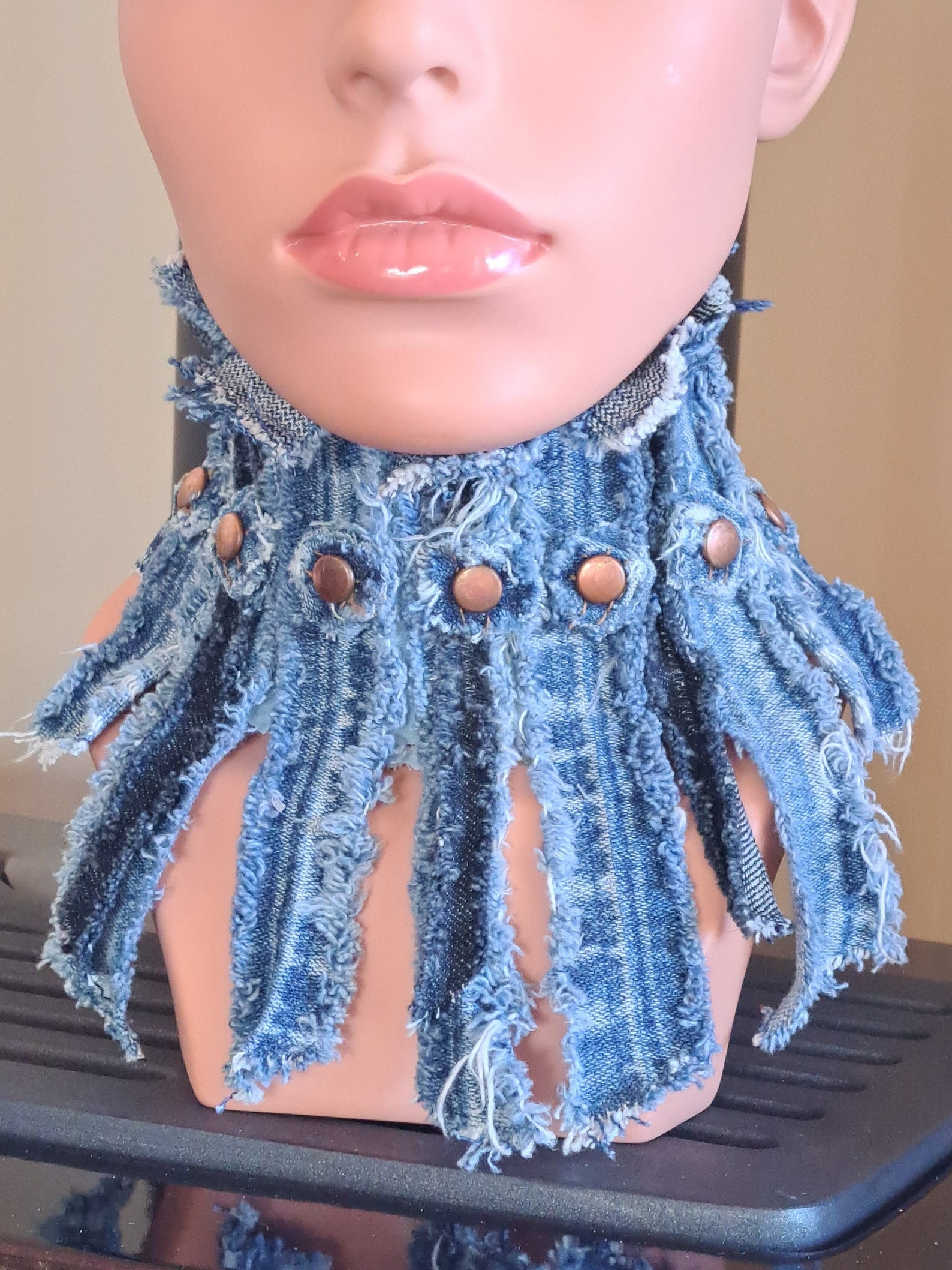 Denim Choker With Fuzzy Fringe and Copper Rivets/ Perfect Gift/see More ...