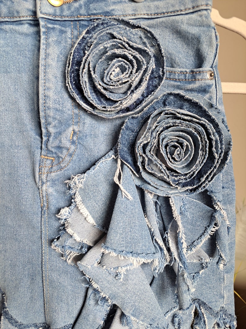 Upcycled Denim "shimmy" Miniskirt High Waisted With Roses,raffles and ...