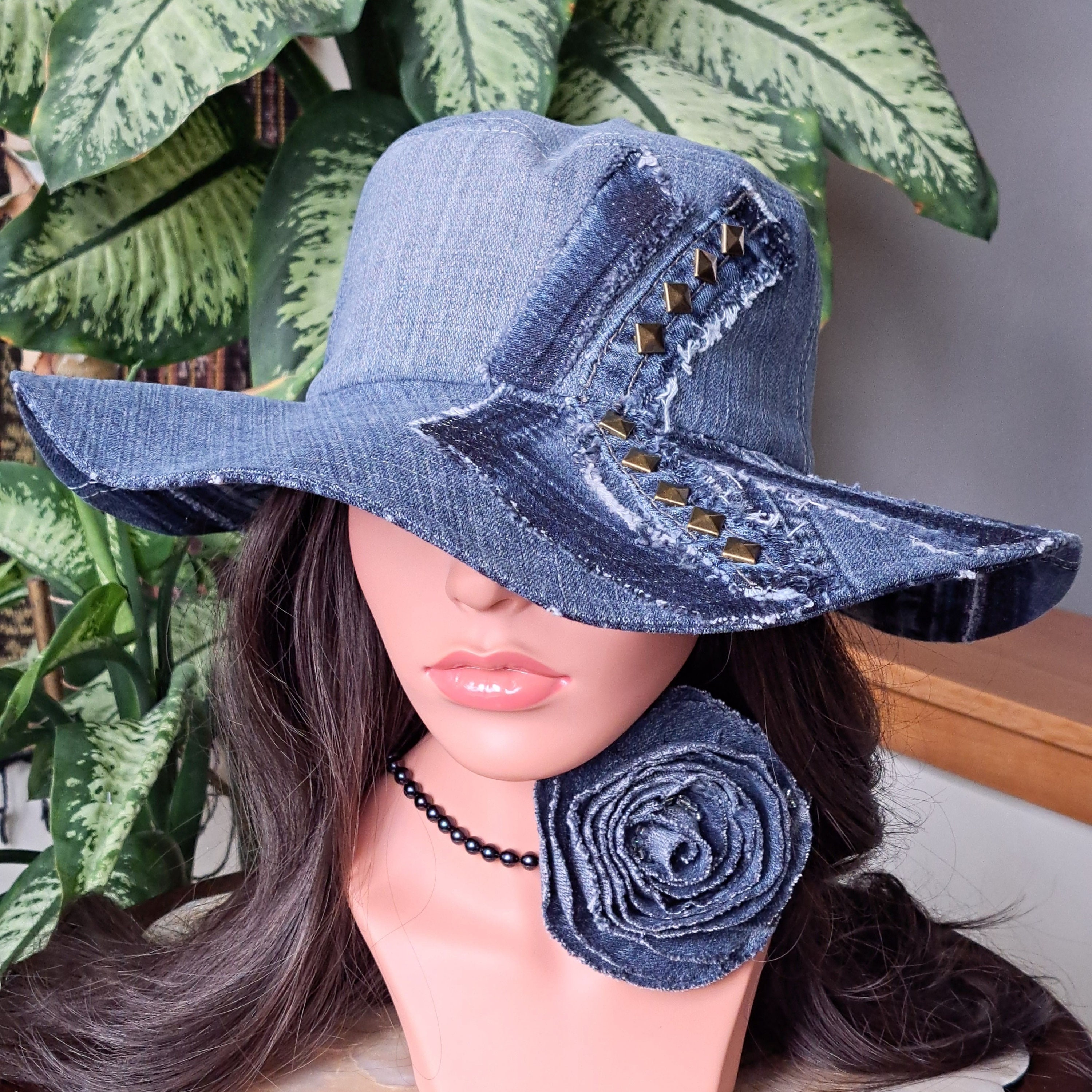 Denim Sun Hat With Unique Patchwork Embroidery and Rivets - Etsy