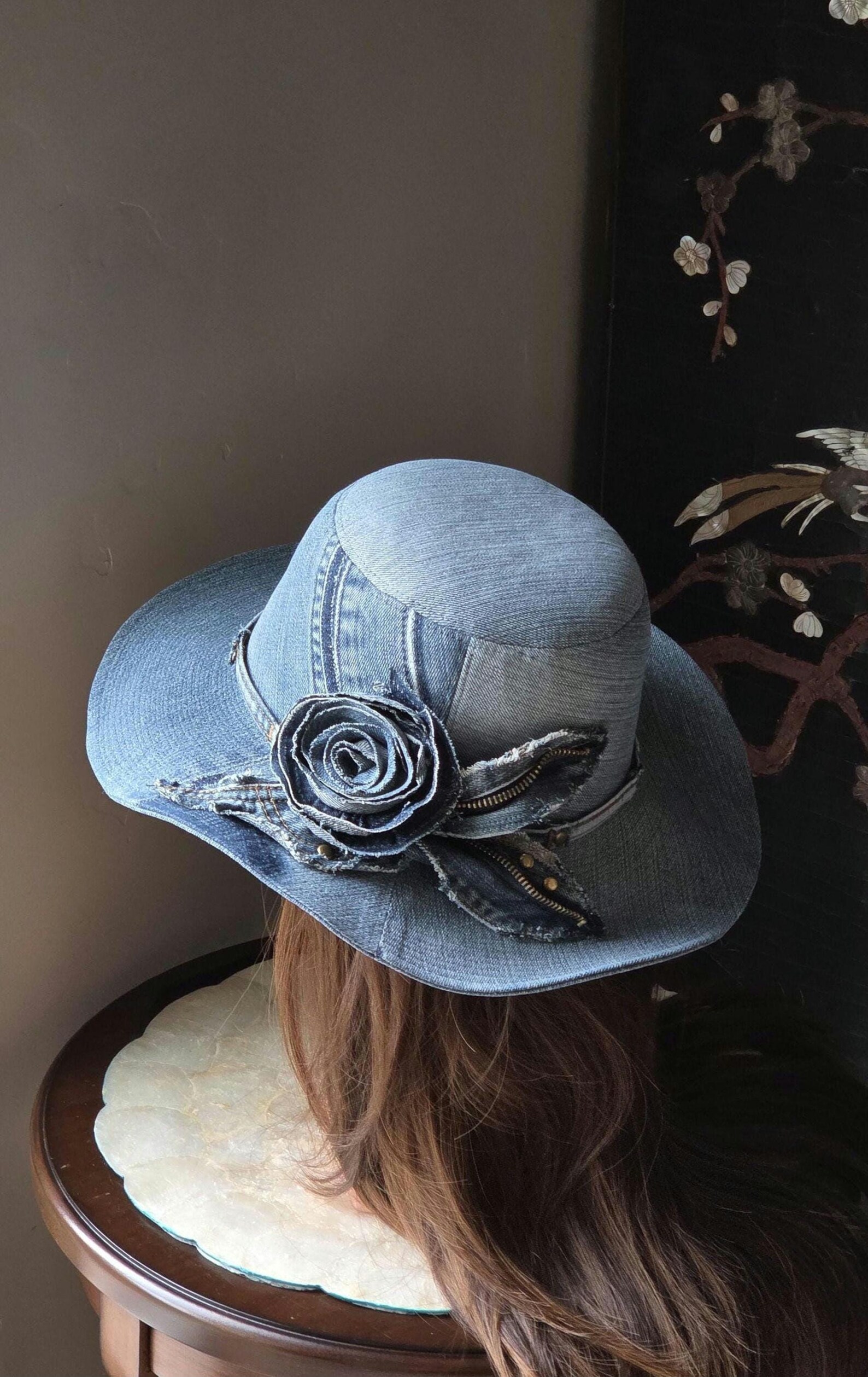 Upcycled Denim 23"/58cm Patchwork Hat: Handmade Medium Brim With Rose ...