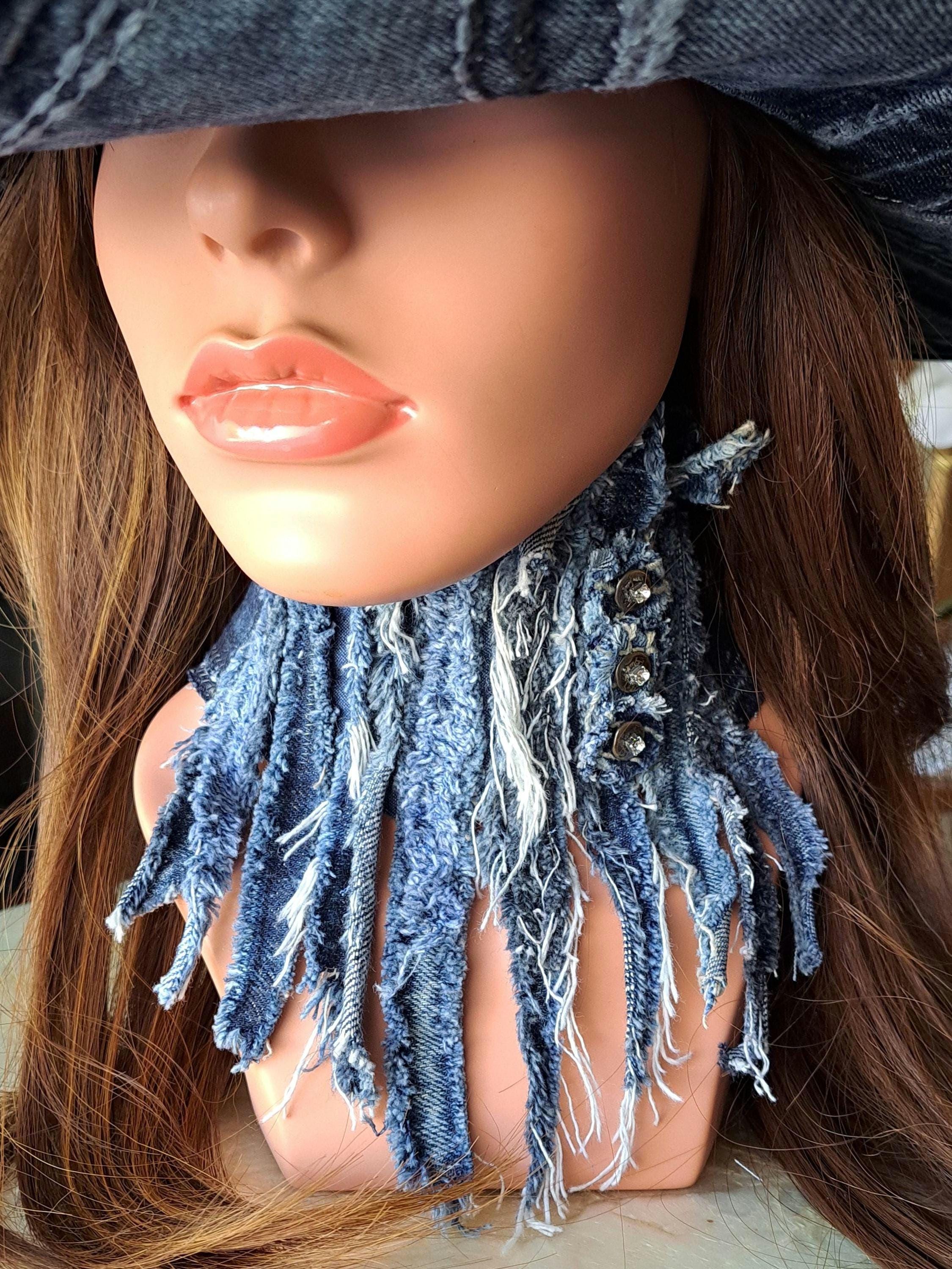 Denim Choker With Fuzzy Fringe and Silver Rivets With Crystals /see ...