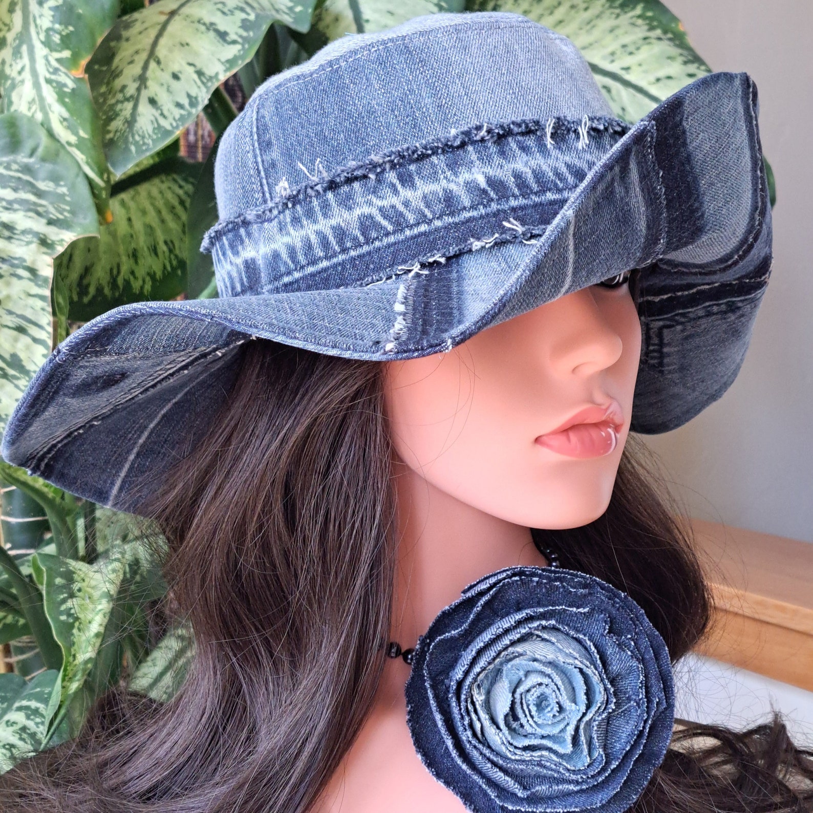 Upcycled Denim Hat With Distressed Band and Rivets/ Perfect - Etsy