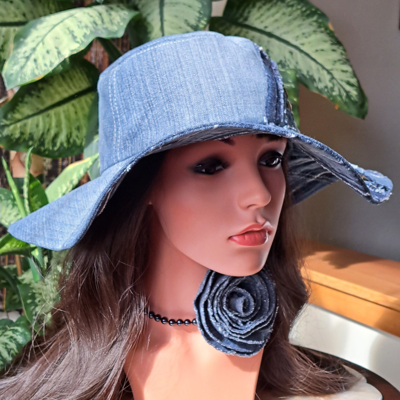 Denim Sun Hat With Unique Patchwork Embroidery and Rivets - Etsy