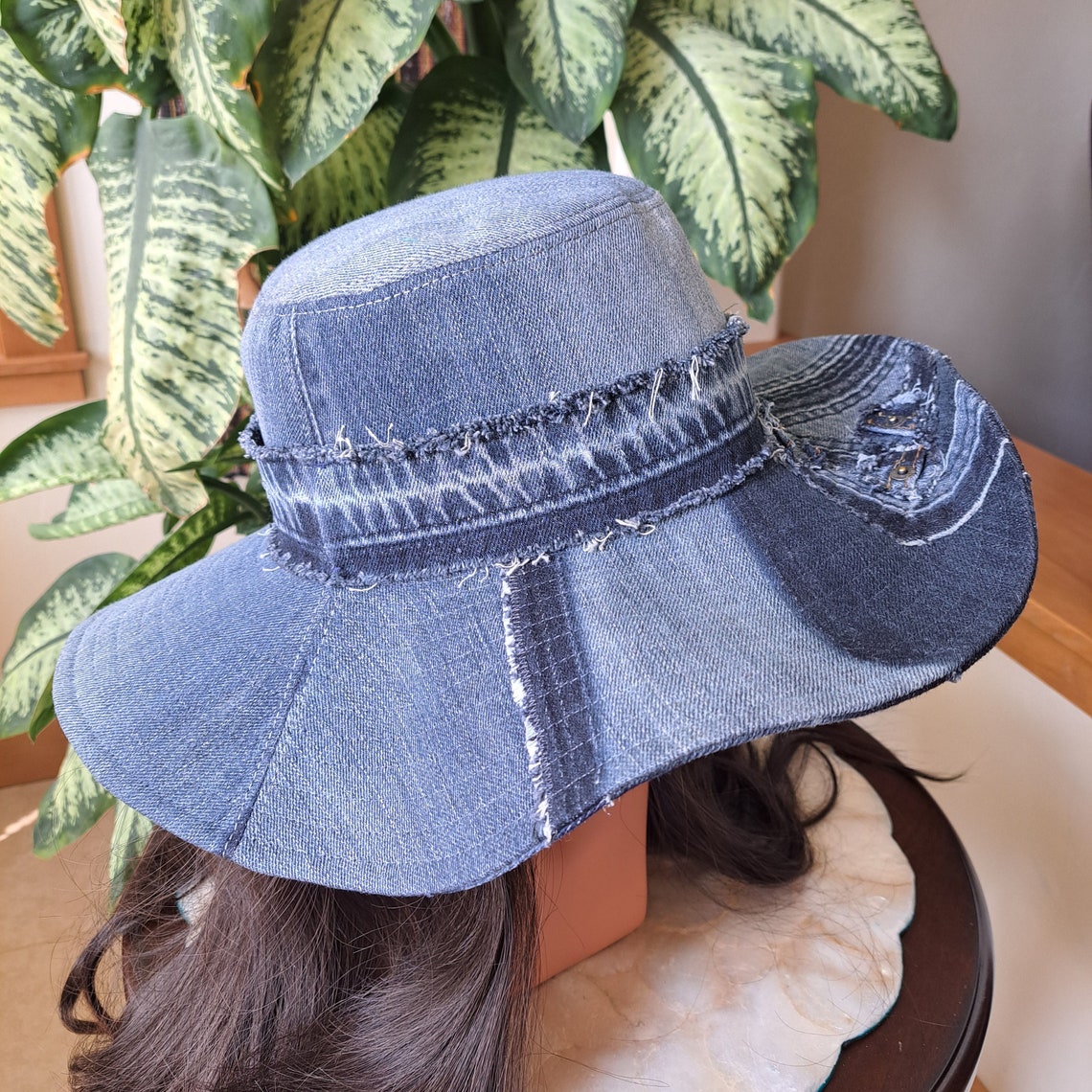 Upcycled Denim Hat With Distressed Band and Rivets/ Perfect - Etsy