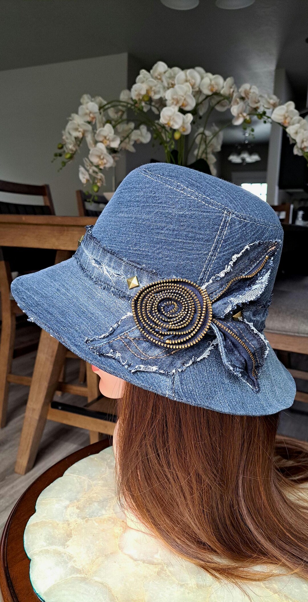 Upcycled Denim Hat With Rose Brooch: Bohemian Chic Style - Etsy