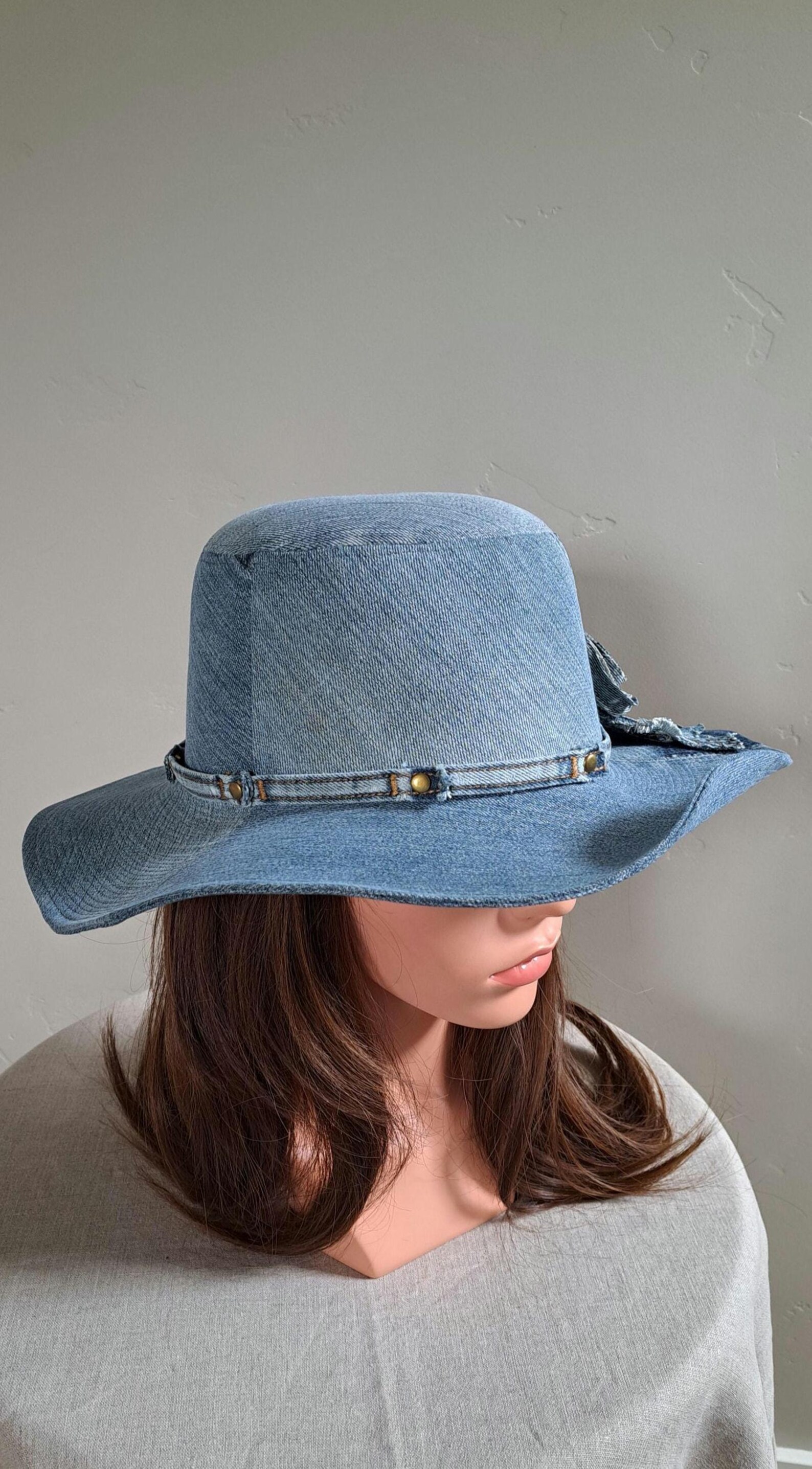 Upcycled Denim 23"/58cm Patchwork Hat: Handmade Medium Brim With Rose ...
