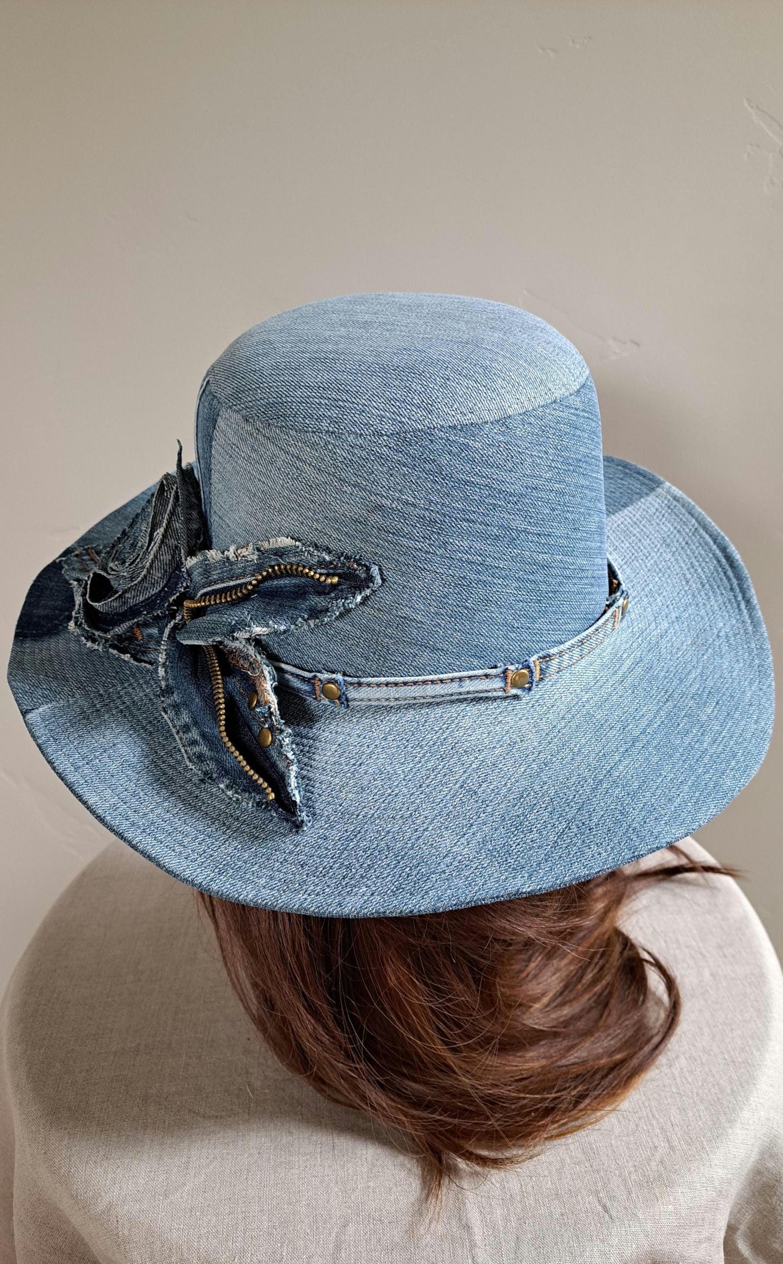 Upcycled Denim 23"/58cm Patchwork Hat: Handmade Medium Brim With Rose ...