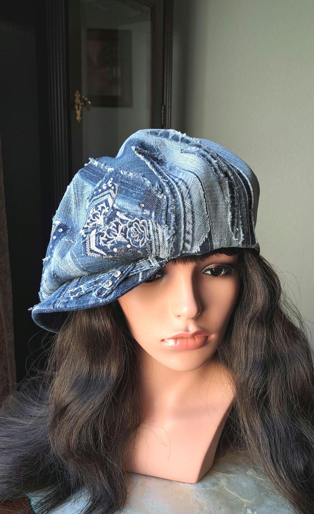 Upcycled Denim Newsboy Hat With Patchwork, Silver Embroidery and ...