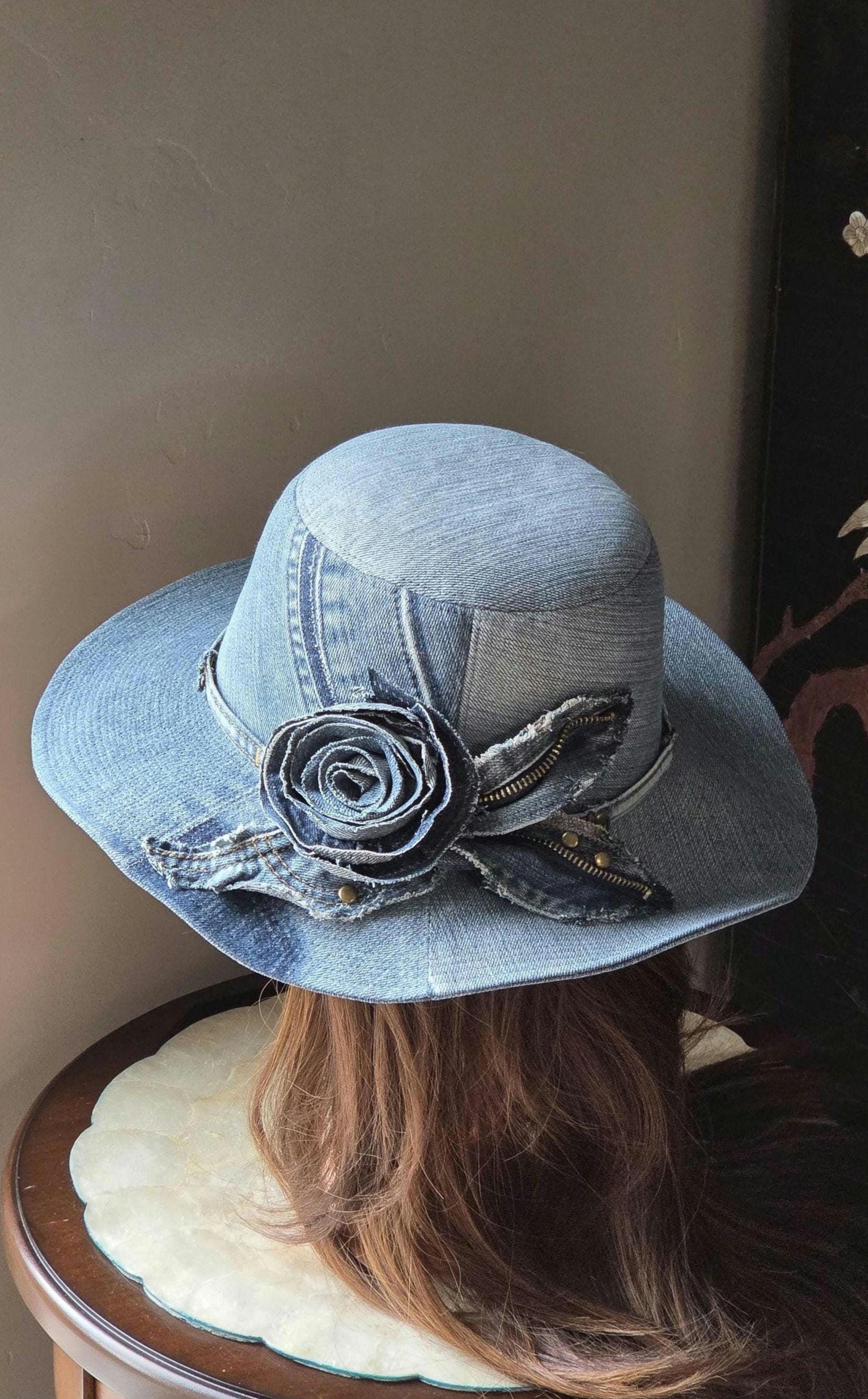 Upcycled Denim 23"/58cm Patchwork Hat: Handmade Medium Brim With Rose ...