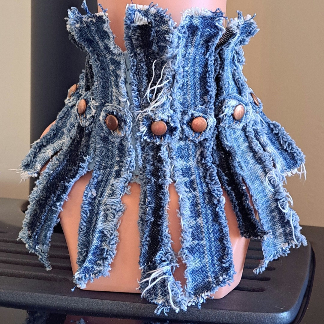 Denim Choker With Fuzzy Fringe and Copper Rivets/ Perfect Gift/see More ...