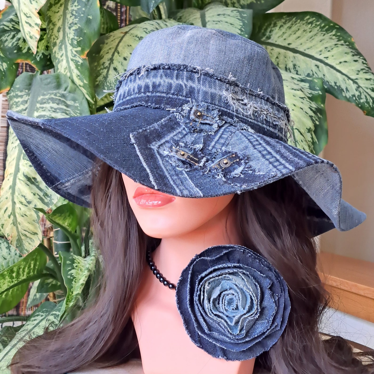 Upcycled Denim Hat With Distressed Band and Rivets/ Perfect - Etsy