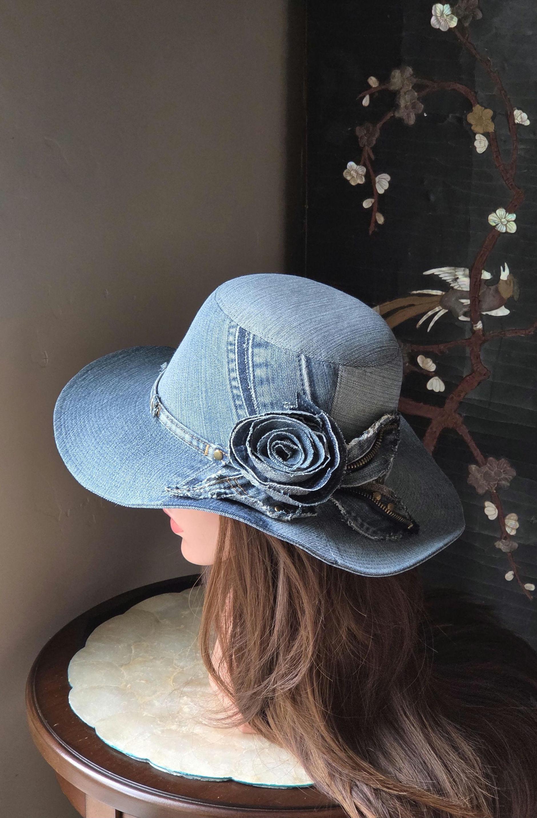 Upcycled Denim 23"/58cm Patchwork Hat: Handmade Medium Brim With Rose ...