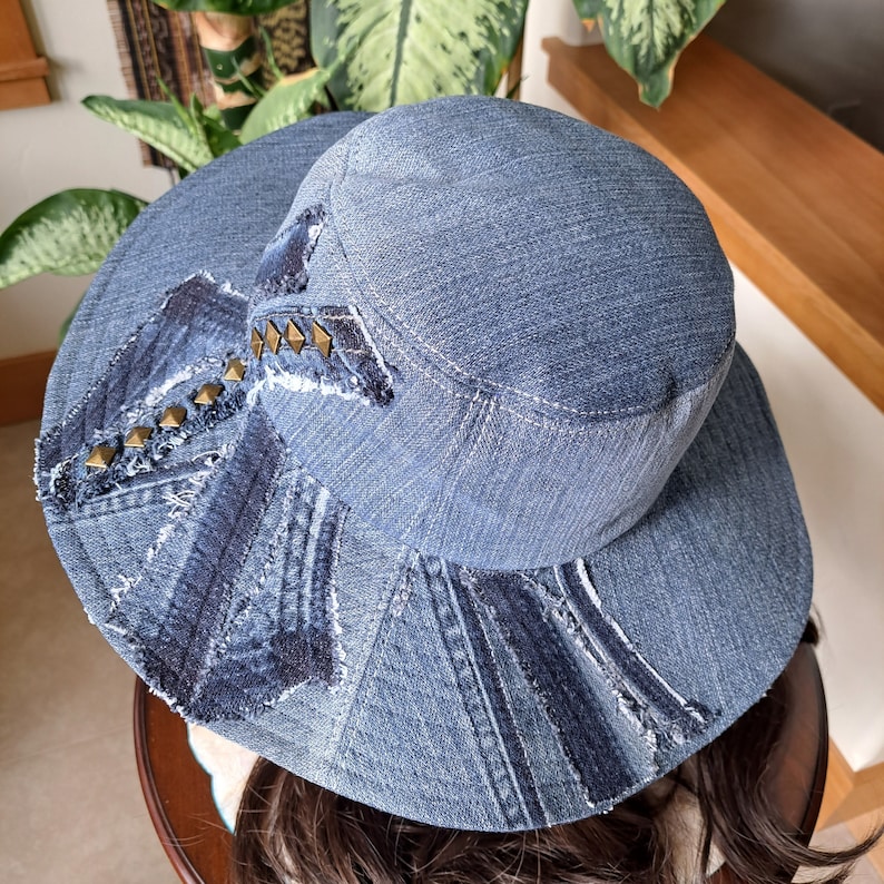 Denim Sun Hat With Unique Patchwork Embroidery and Rivets - Etsy