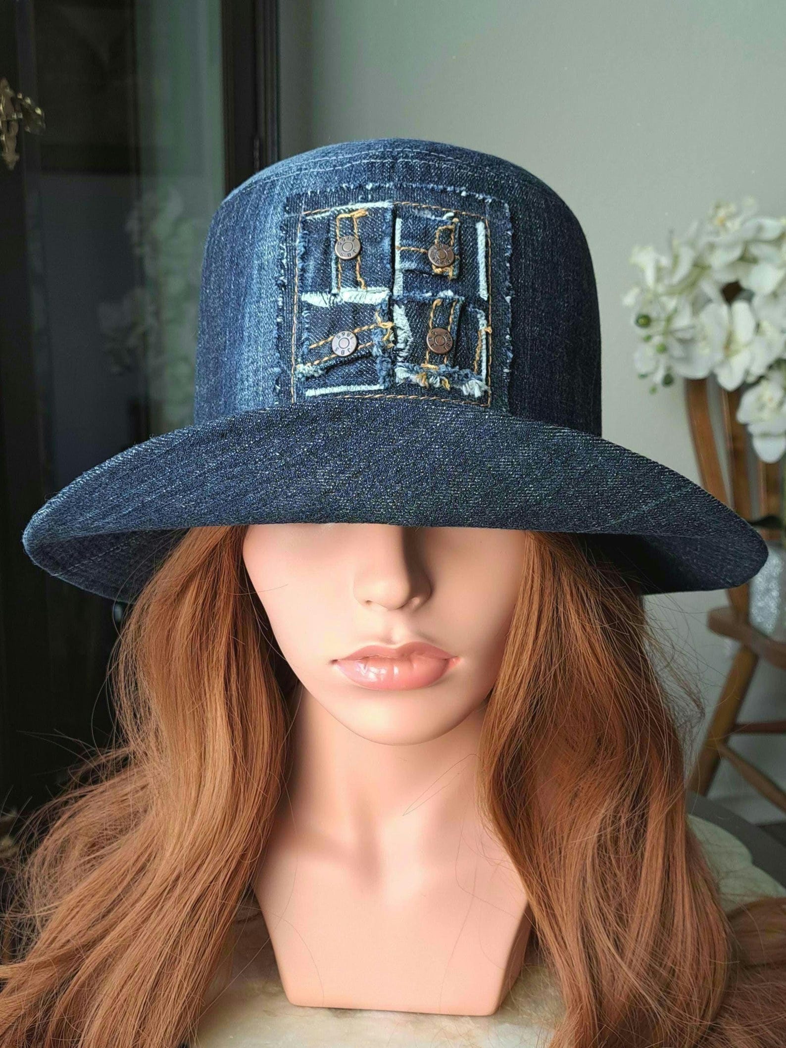 Upcycled Denim Short Brim Hat With Copper Rivets Patch /perfect Gift ...