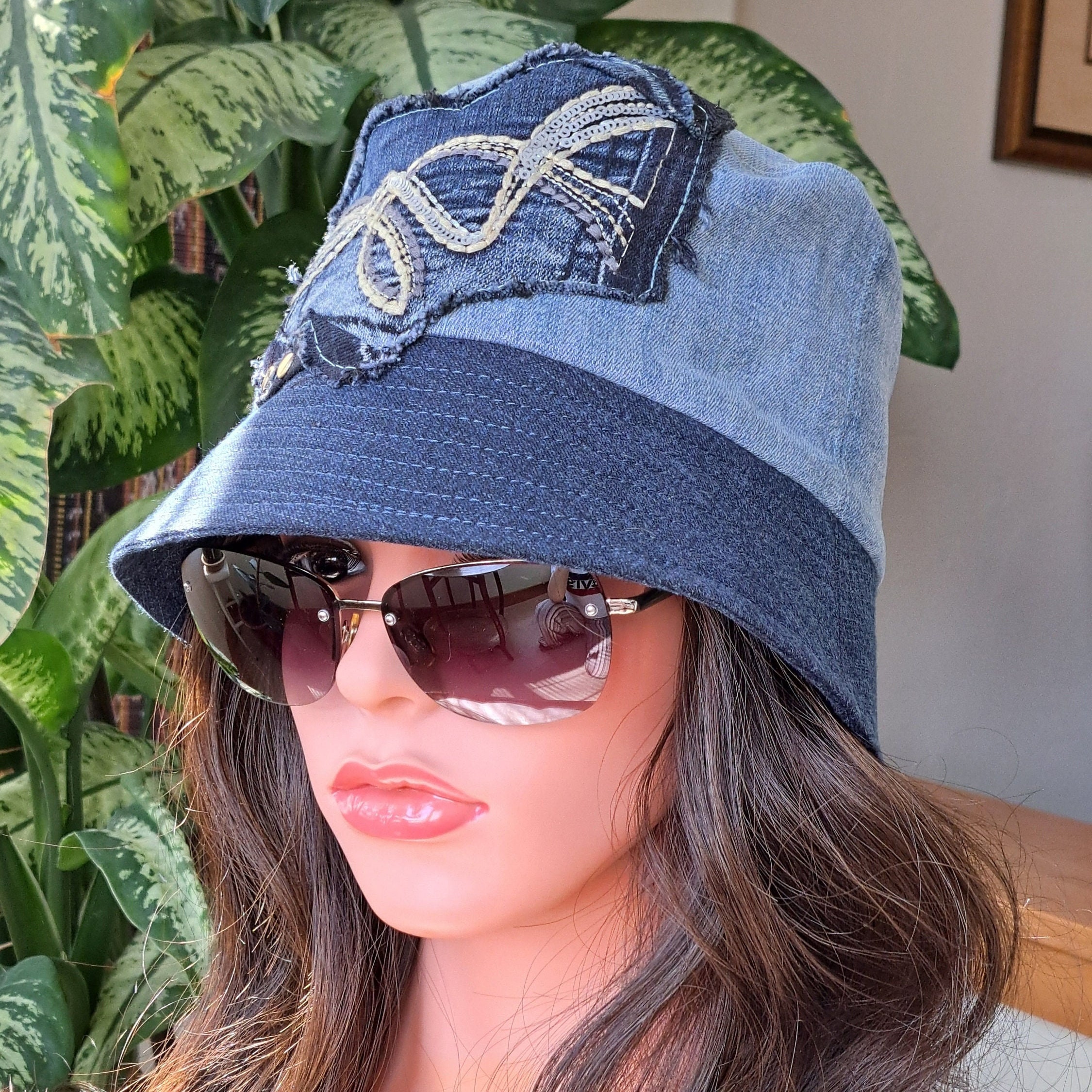Upcycled Denim Hat With Short Brim and Embroidery Patch/ Perfect Gift ...