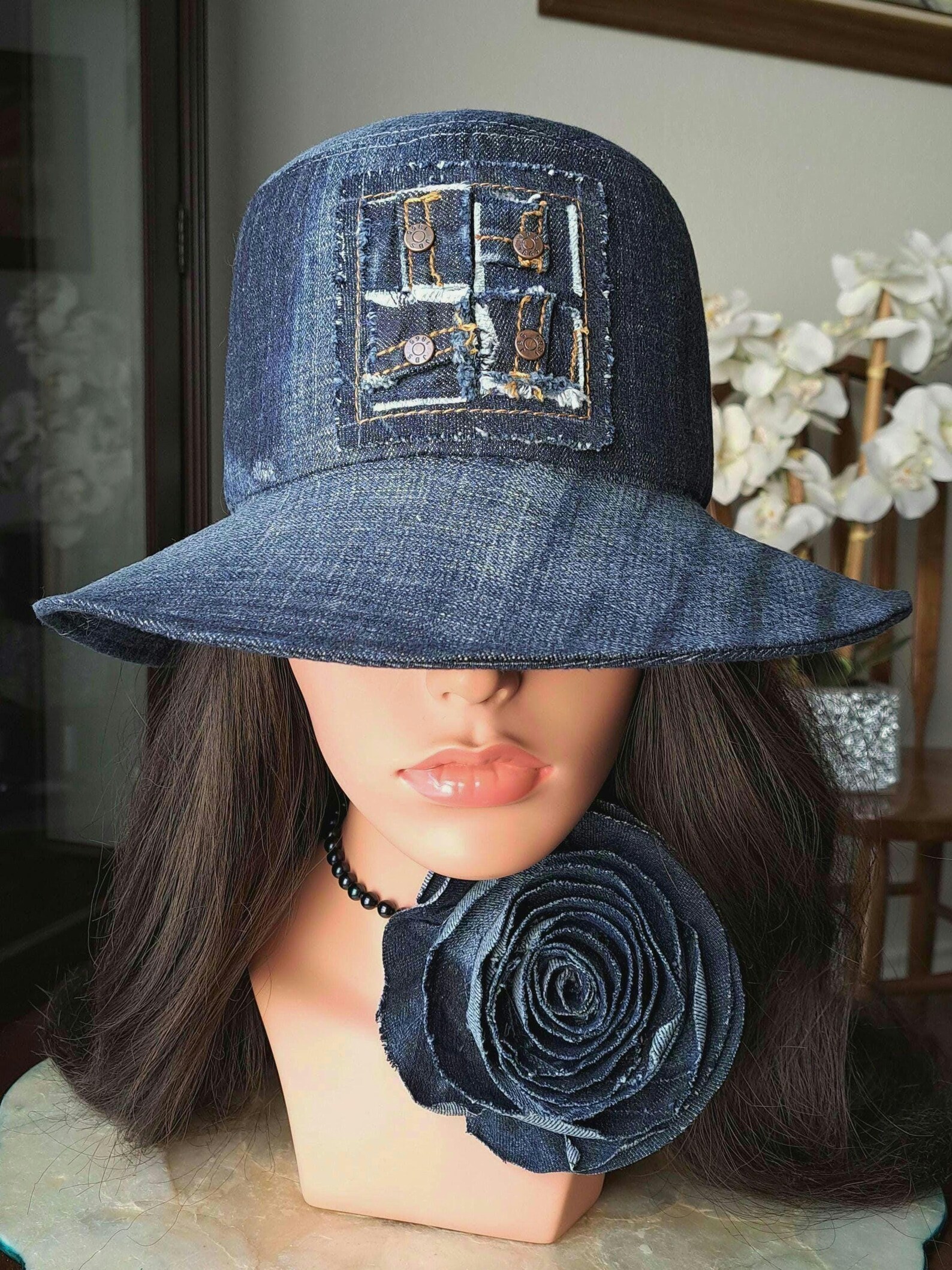 Upcycled Denim Short Brim Hat With Copper Rivets Patch /perfect Gift ...